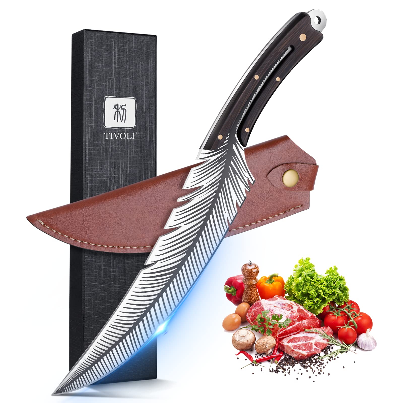 TIVOLI Feather Carving Knife,8 inch Boning Butcher Knife for Meat Cutting, Hand Forged High Carbon Steel Viking Fillet Knife for Brisket Outdoor Camping BBQ