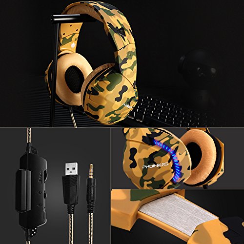PHOINIKAS PS4 Gaming Headset with 7.1 Surround Sound, PC Headset with Noise Canceling Mic & LED Light, H3 Over Ear Headphones for Nintendo Switch, PS5, Xbox One, Laptop (Camo)