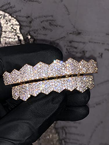 Shop-iGold 14k Gold Plated Iced Out Bling Gold Grillz for Mouth Top Bottom Hip Hop , 8 Teeth Grills for Teeth Mouth Set