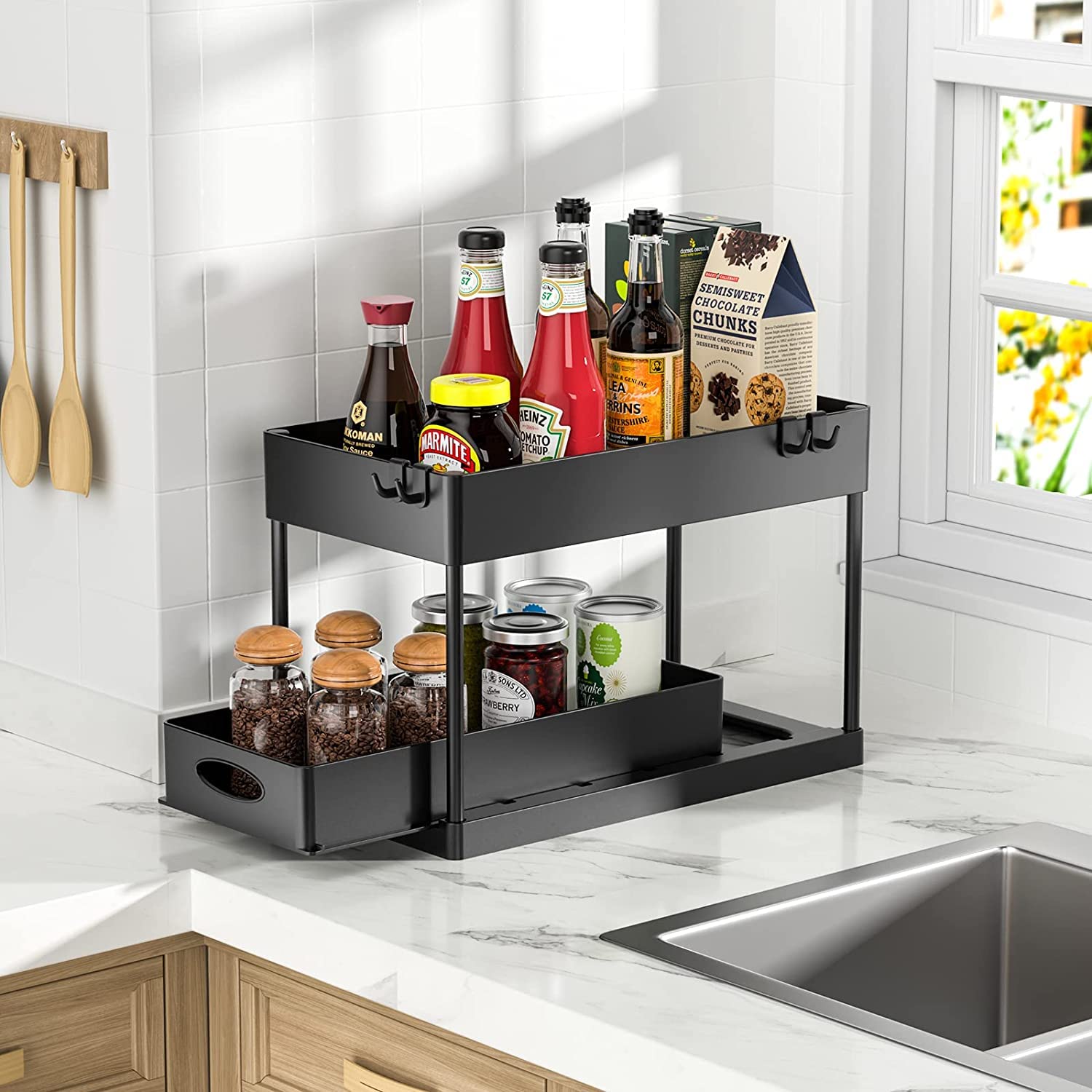 Under Sink Organizers and Storage, 2 Tier Under Cabinet Organizer with Hooks, Slide Out Bathroom Organizer for Bathroom and Kitchen, Black