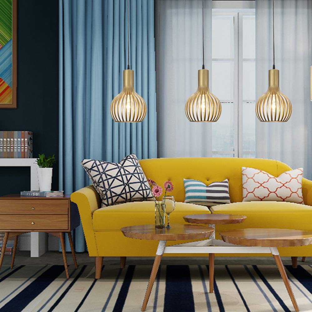 POPILION Gold Pendant Light Fixtures,Hanging Pendant Light with Metal Cage Shade for Kitchen Island,Bar,Living Room Dinning Room E26