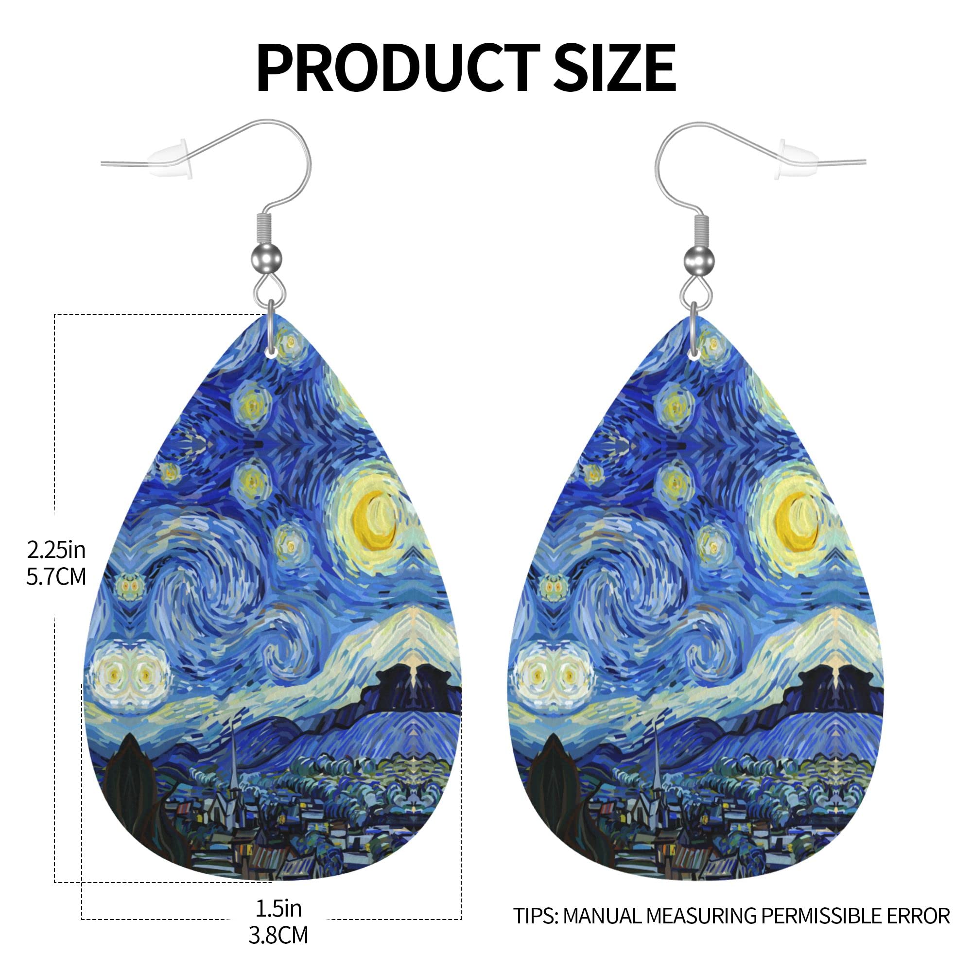 ZTHLL Leather Teardrop Earrings For Women,Van Gogh Starry Night Pattern Western Earrings For Girls Gift Drop Lightweight Dangle Earrings