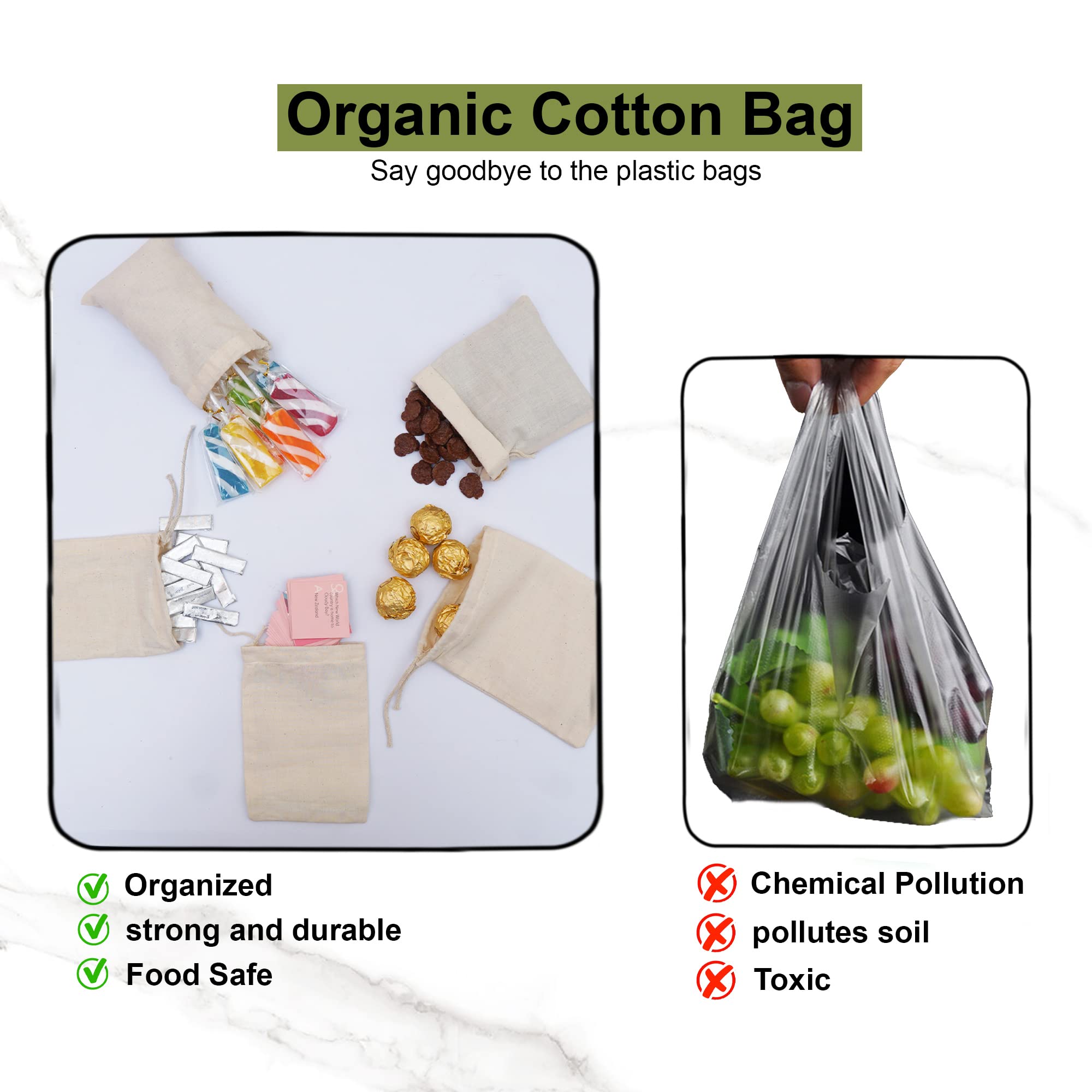 Reusable Eco friendly 10"x12" Cotton Thick Single Drawstring Muslin Bags "premium quality (Natural Color)-100 count pack