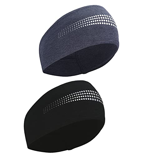 TrailHeads Womens Ponytail Headband - Reflective, Moisture Wicking Hair Headband for Running, Winter - Adrenaline Series - Black/Heather Navy Reflective - 2 Pack