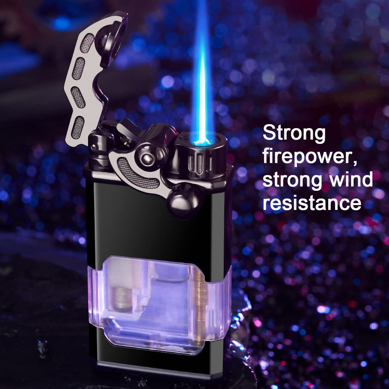 Rocker Arm Lighter, Butane Torch Lighter, Windproof Butane Fuel Lighters, Refillable Adjustable with Visible Window Jet Flame Lighters for Fireplace Candle Camping BBQ(Without Gas)