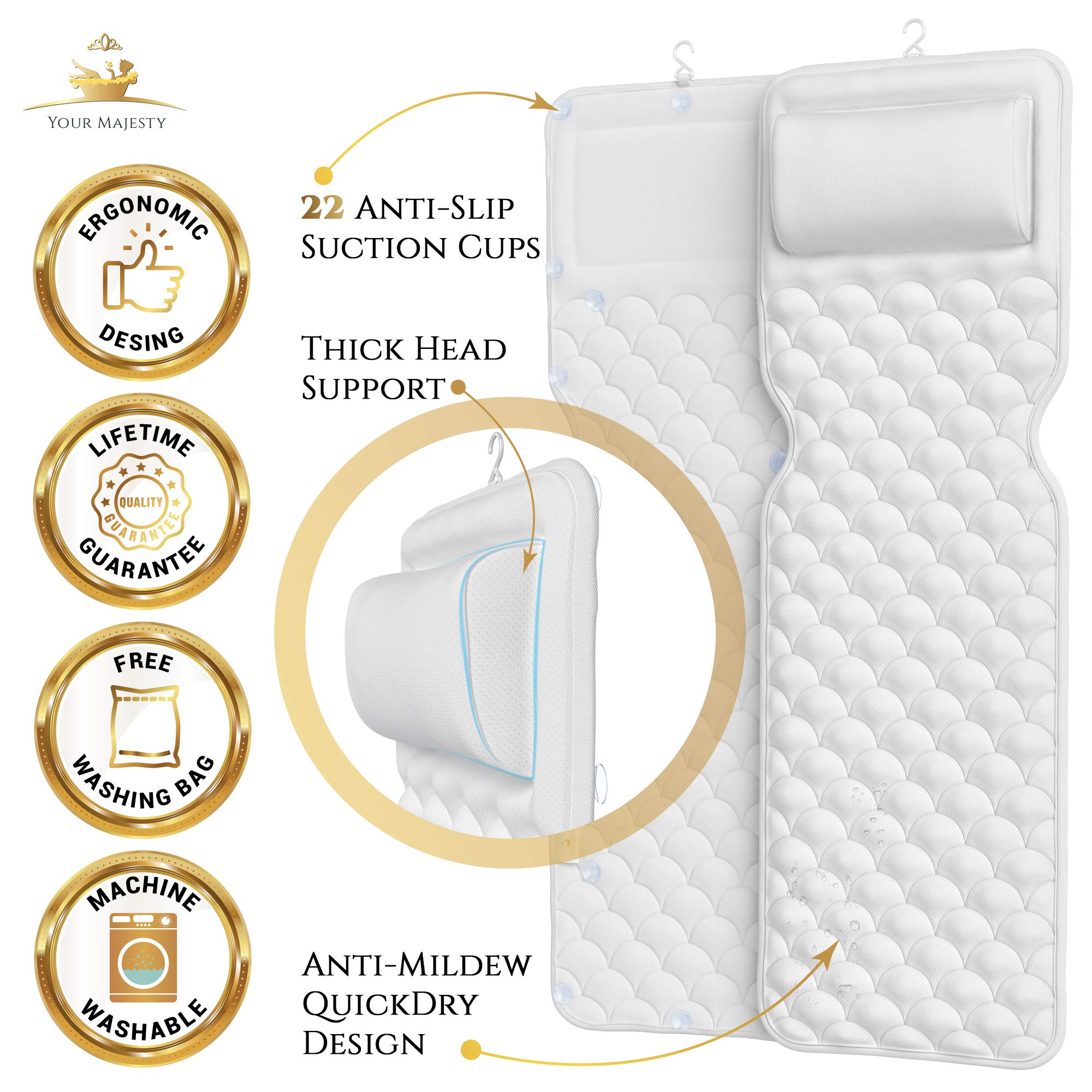 Premium Full Body Bath Pillow For Tub [22 Anti-Slip Suction Cups], Extra Soft Neck and Back Support to Relax and Unwind, QuickDry Fabric, Cooling Effect, Durable, Cushioned | With Machine Washable Bag
