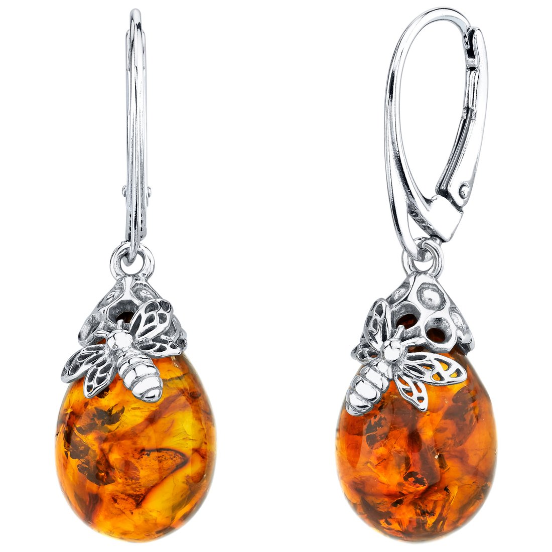 Peora Genuine Baltic Amber Bumble Bee Earrings for Women 925 Sterling Silver, Teardrop Shape, Rich Cognac Color, Lever backs