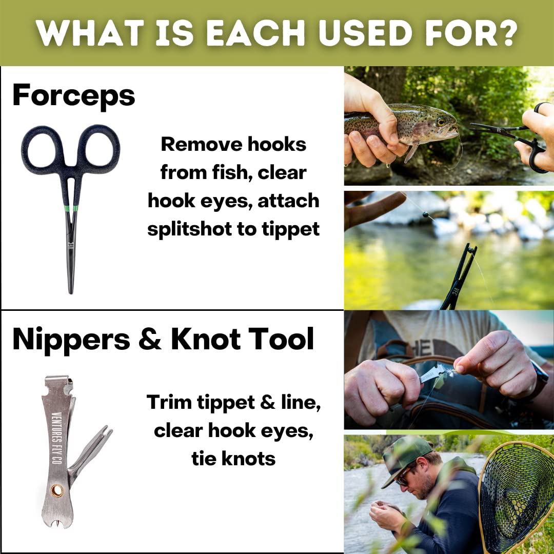 VENTURES FLY CO. | Fly Fishing Accessories Pack | Nippers & Nail Knot Tying Tool Combo, Hook Remover Forceps & Pliers, Tippet Holder, Floatant Caddy, Zinger Retractor | Trout Gear Assortment Kit