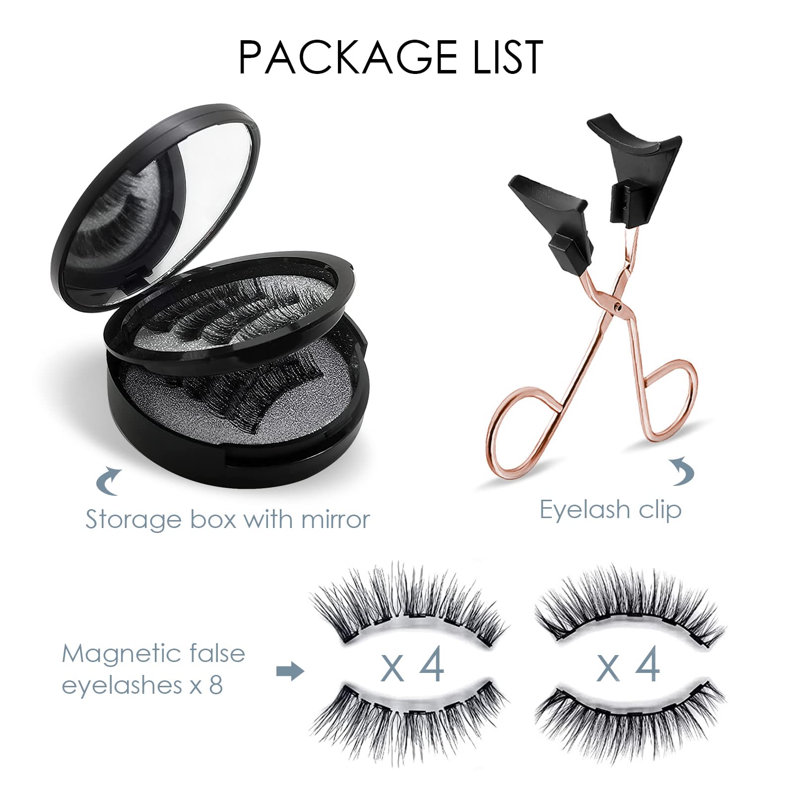 Reusable Magnetic Eyelashes 4 Pairs, Dual 3D Magnetic Lashes without Eyeliner Natural Look, False Eyelashes Extension Kit with Applicator Tweezers