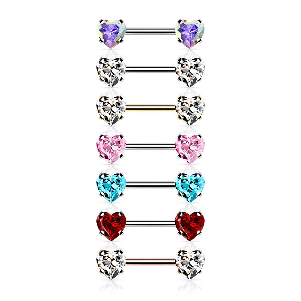 Pierced Owl 14G Stainless Steel Threadless Push-in Prong Set Crystal Heart Nipple Rings, Sold as a Pair (Silver Tone/Red)