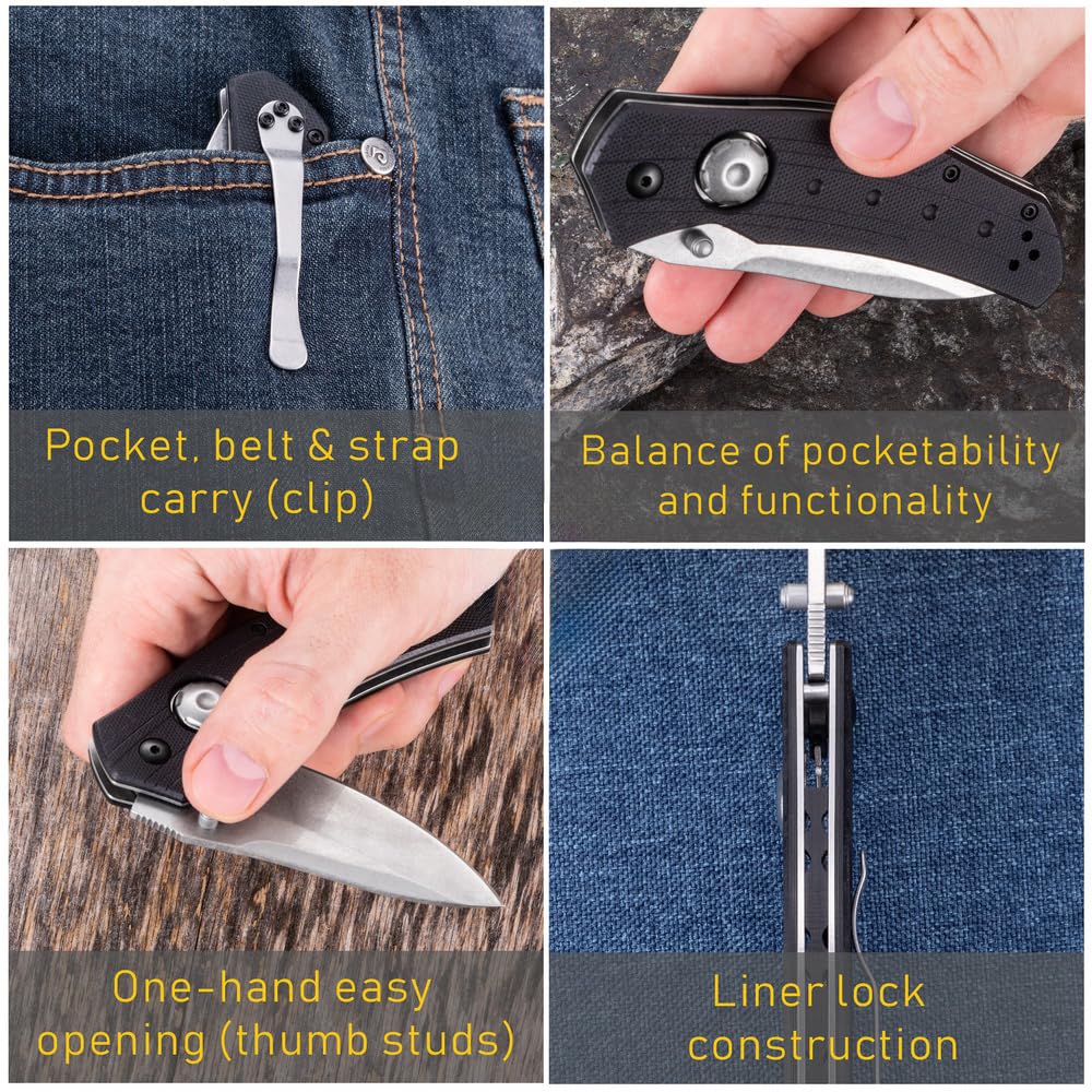 Pocket Knife for Men with Clip - Tactical Pocket Folding Knives Military with Black G10 Handle - Best EDC Folding Pocket Knife for Self Defense WK 04002