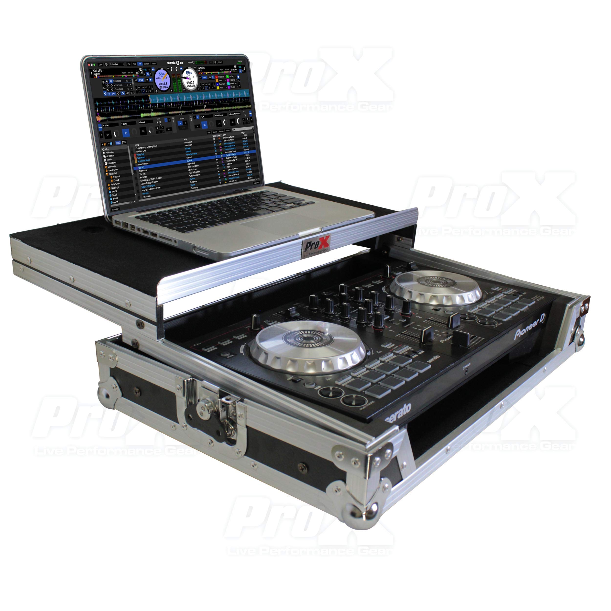 ProX Flight Case for Pioneer DDJ-SB3 & DDJ-400 Digital Controller With Sliding Laptop Shelf - Silver on Black Design - X-DDJSB3 LT