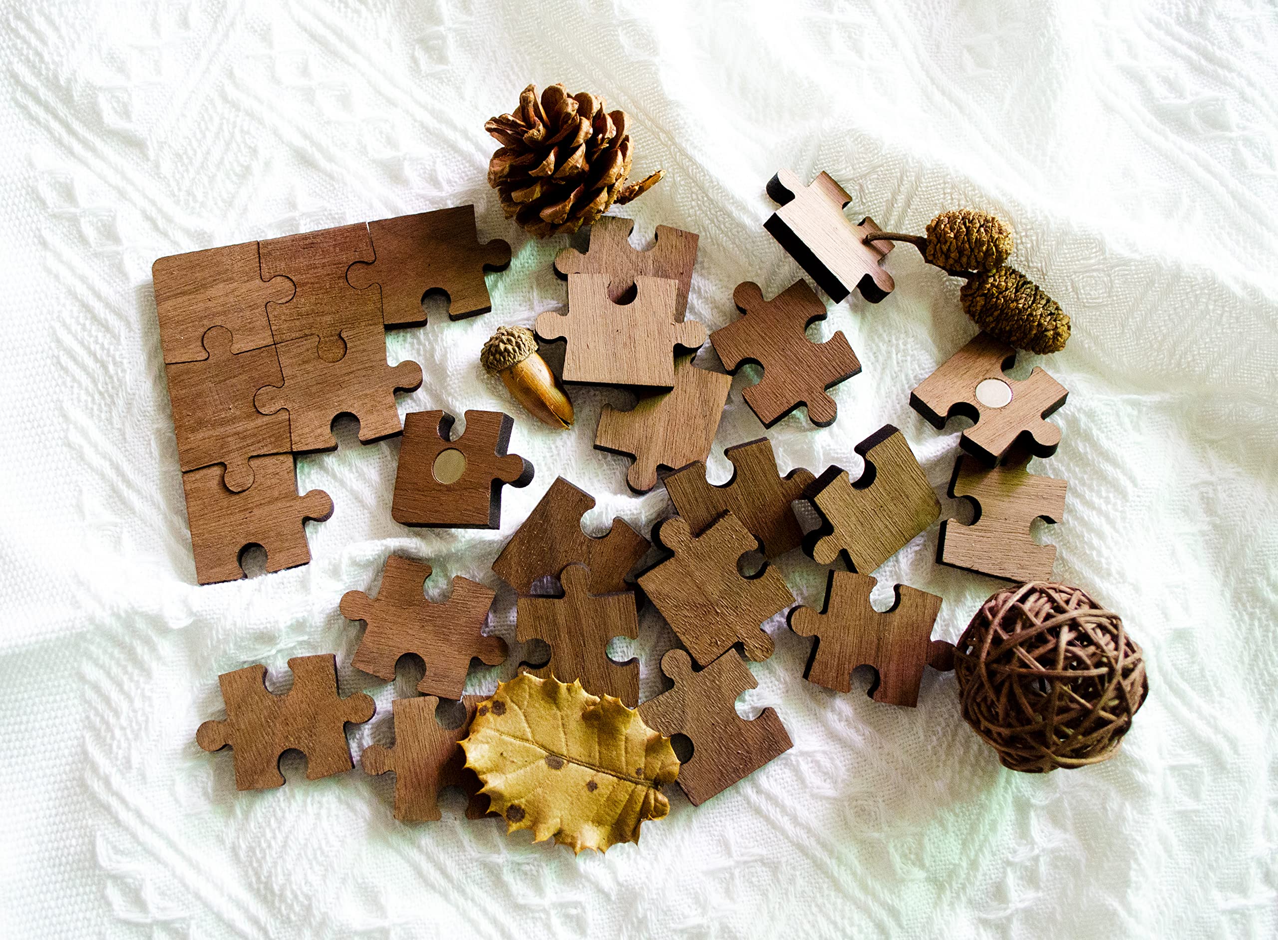 Wooden Puzzle Refrigerator Magnets, 24 PCS Natural Walnut Fridge Magnets, Strong Magnets for Fridge, Whiteboard, Kitchen, Office, and School, Locker(1.2in x 1.8in x 0.24in)
