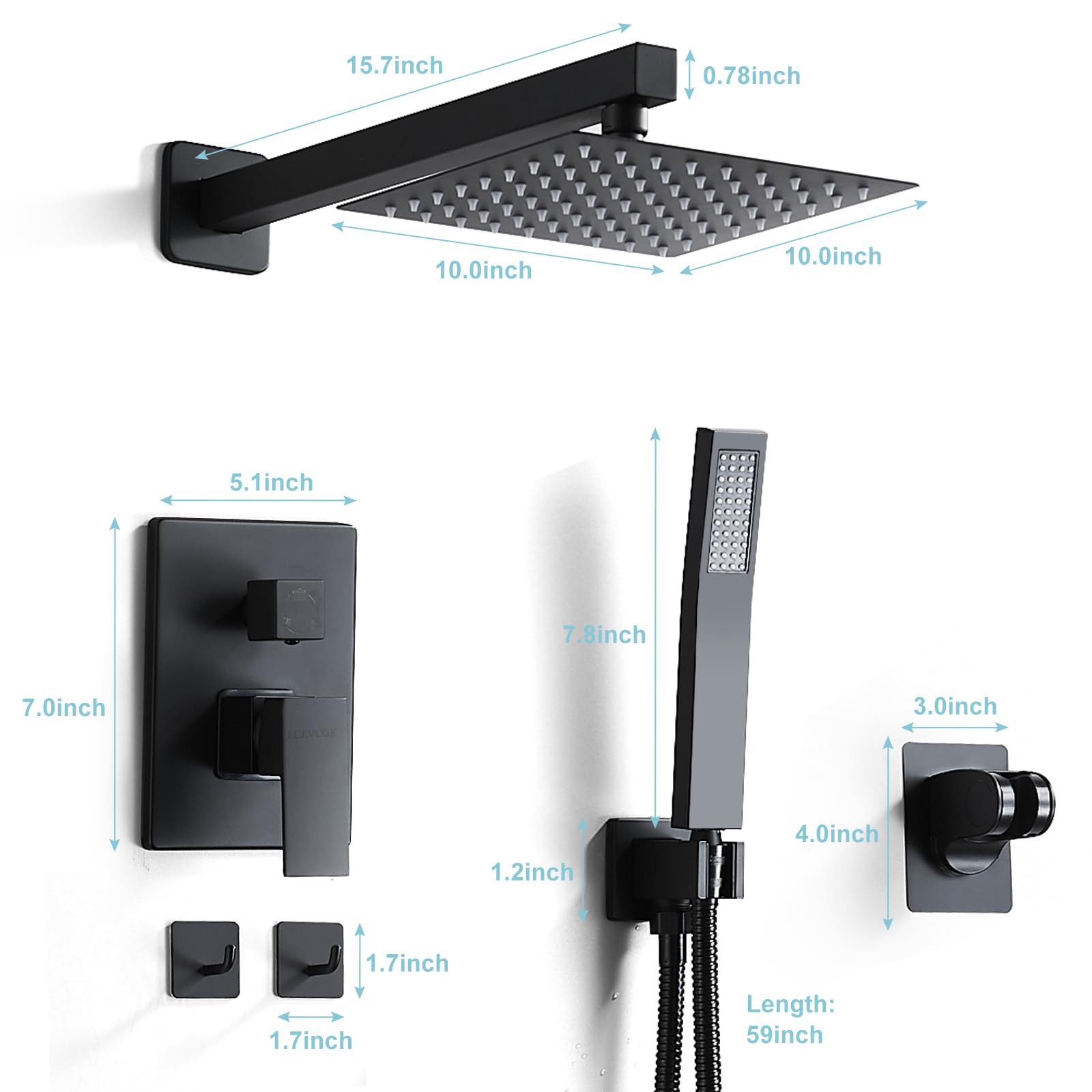 RTTWYYUU Matte Black Shower Head and Handle Set 10 Inch, Rain Shower Head with 2 Hooks, Luxury Rain Shower Set Square Wall Mount for Bathroom with Rain Shower and Handheld Shower System