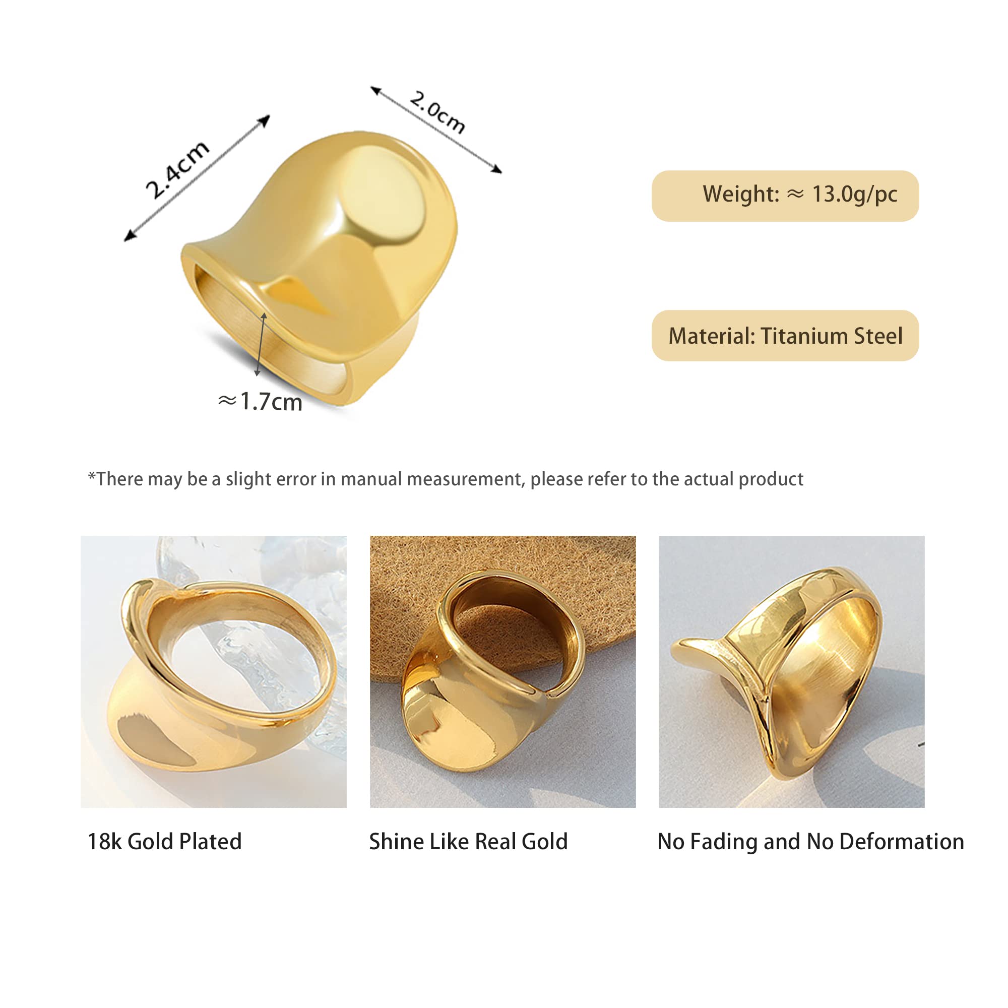 venuspearl Gold Rings Wedding Bands for Women 18K Plated Adjustable Open Ring Statement Jewelry Size 7-8 (Style B Gold)