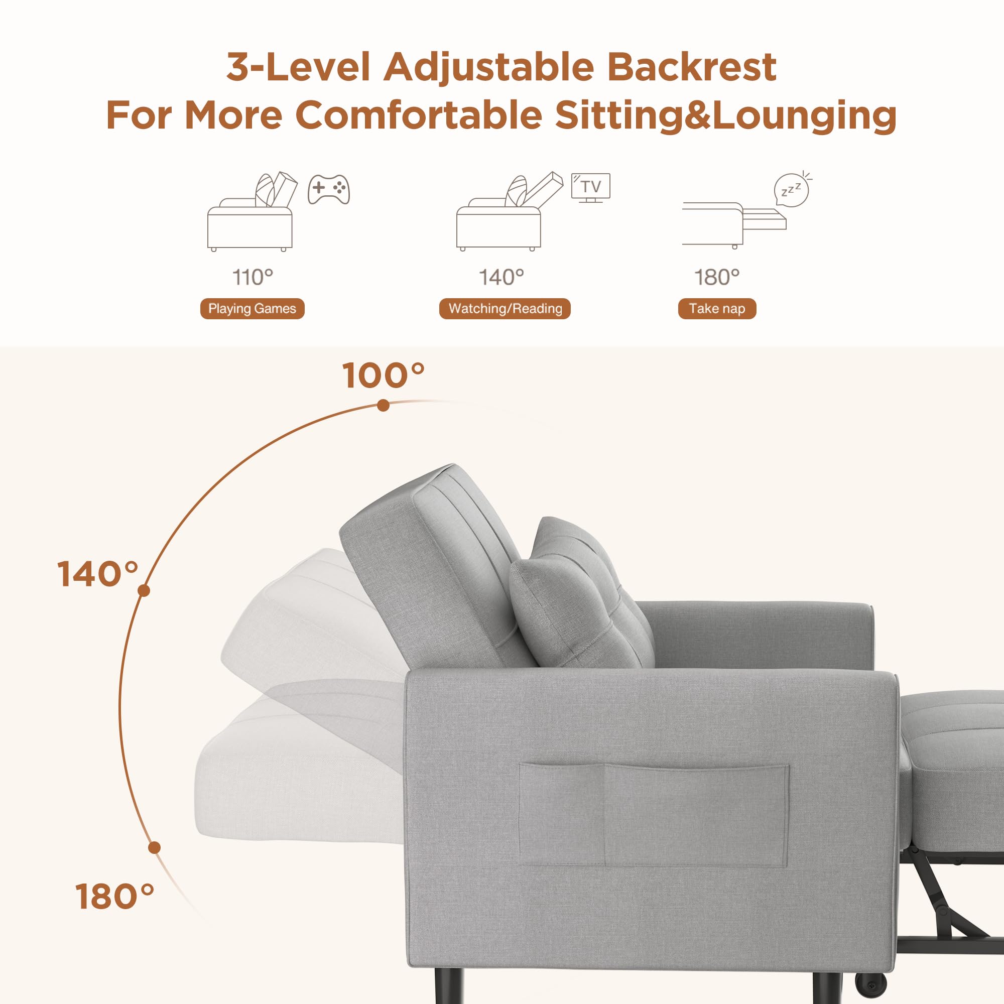 Noelse 34 Inch Convertible Sofa Chair 3-in-1, Sleeper Chair Bed Pull Out Chair Bed, Sofa Bed with Adjustable Backrest, Sleeper Sofa Living Room Reading Chairs for Office Apartment (Dark Gray)