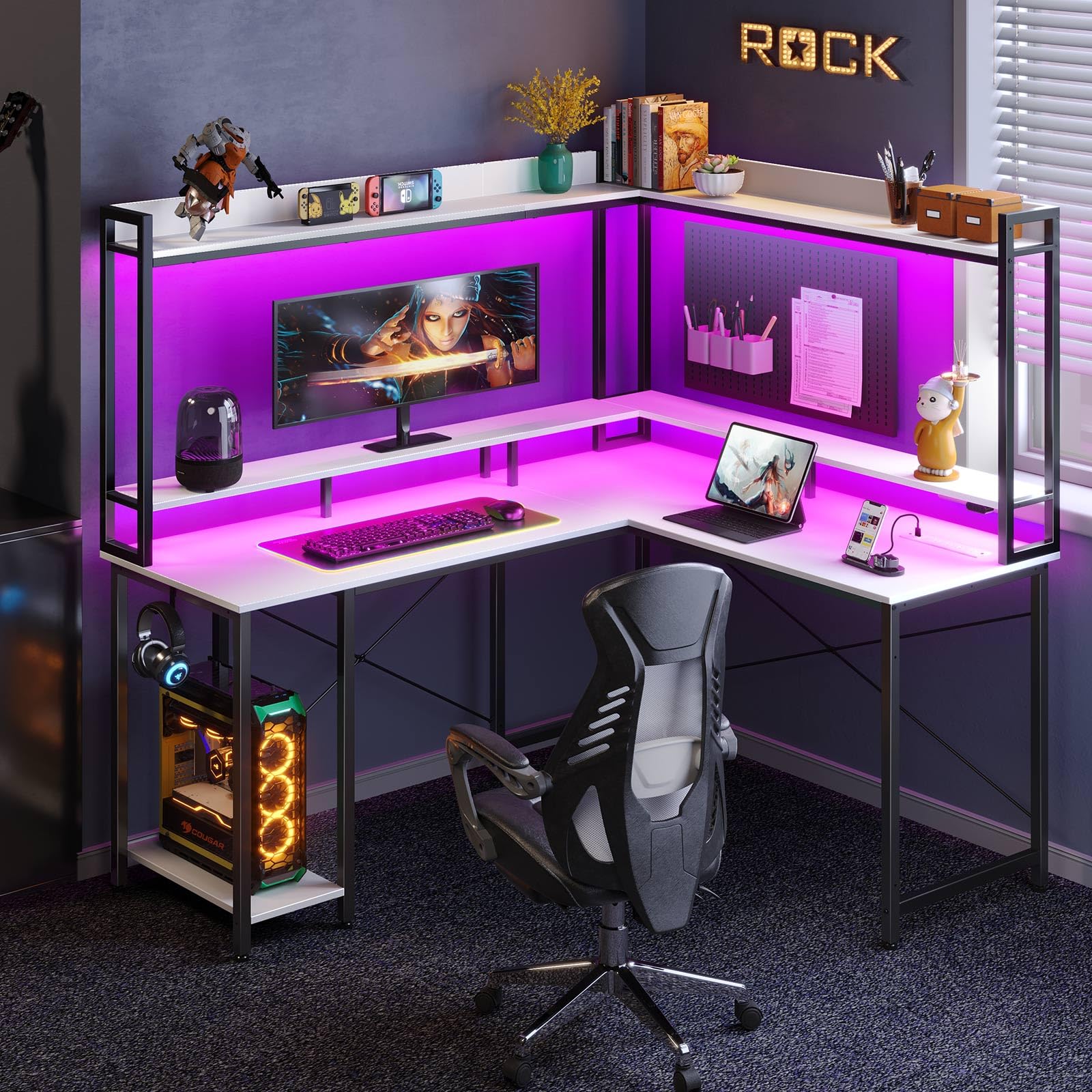 Rolanstar Computer Desk with Hutch & Storage Shelves, Gaming Desk with LED Lights & Power Outlets, L Shaped Desk, Corner Desk Home Office Desks, White