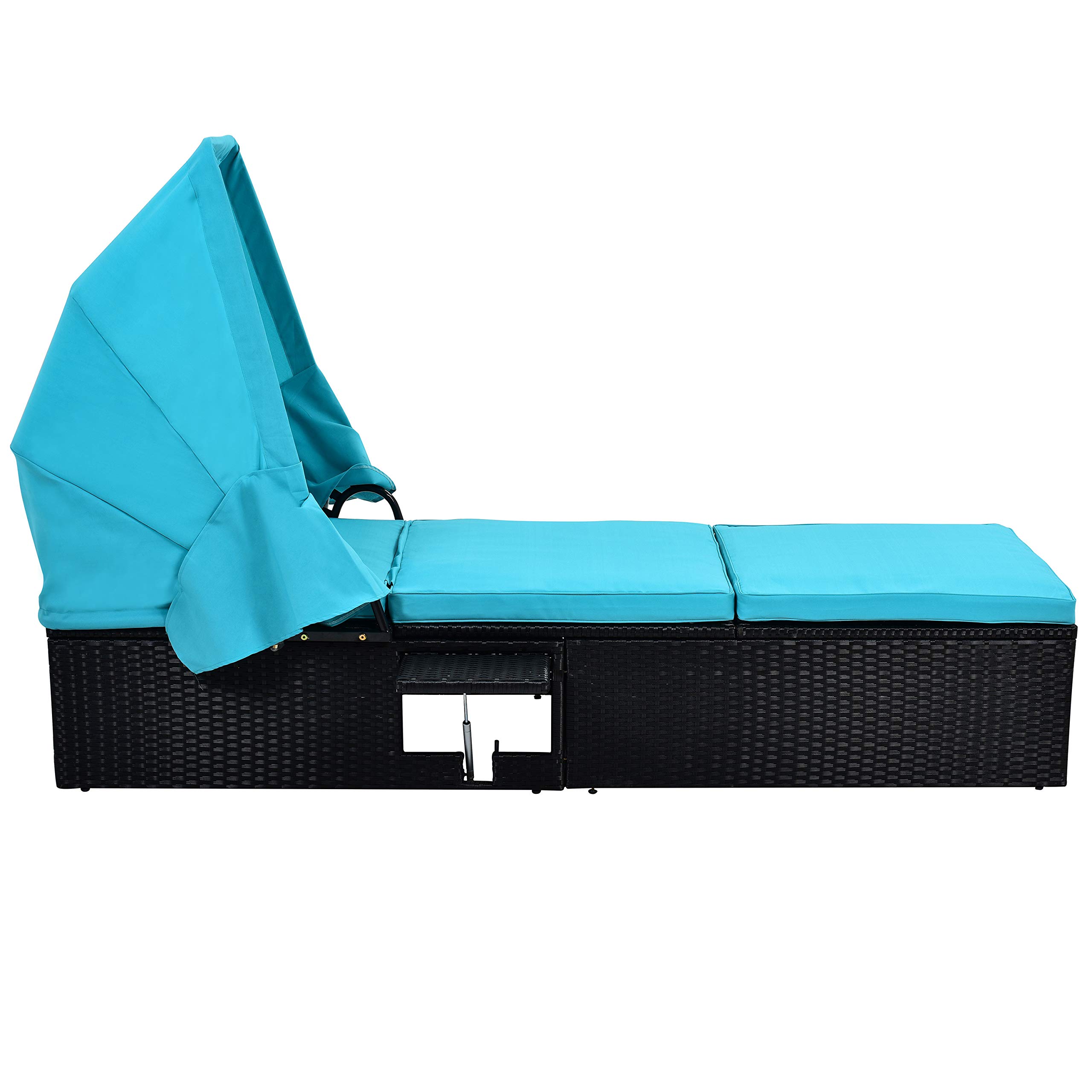 OPTOUGH Outdoor Chaise Lounge Chair with Folding Canopy, 76.8" Long Cushioned Reclining Rattan Sun Lounger with Adjustable Backrest, w/Cup Table, for Beach Poolside Backyard Balcony Porch, Blue