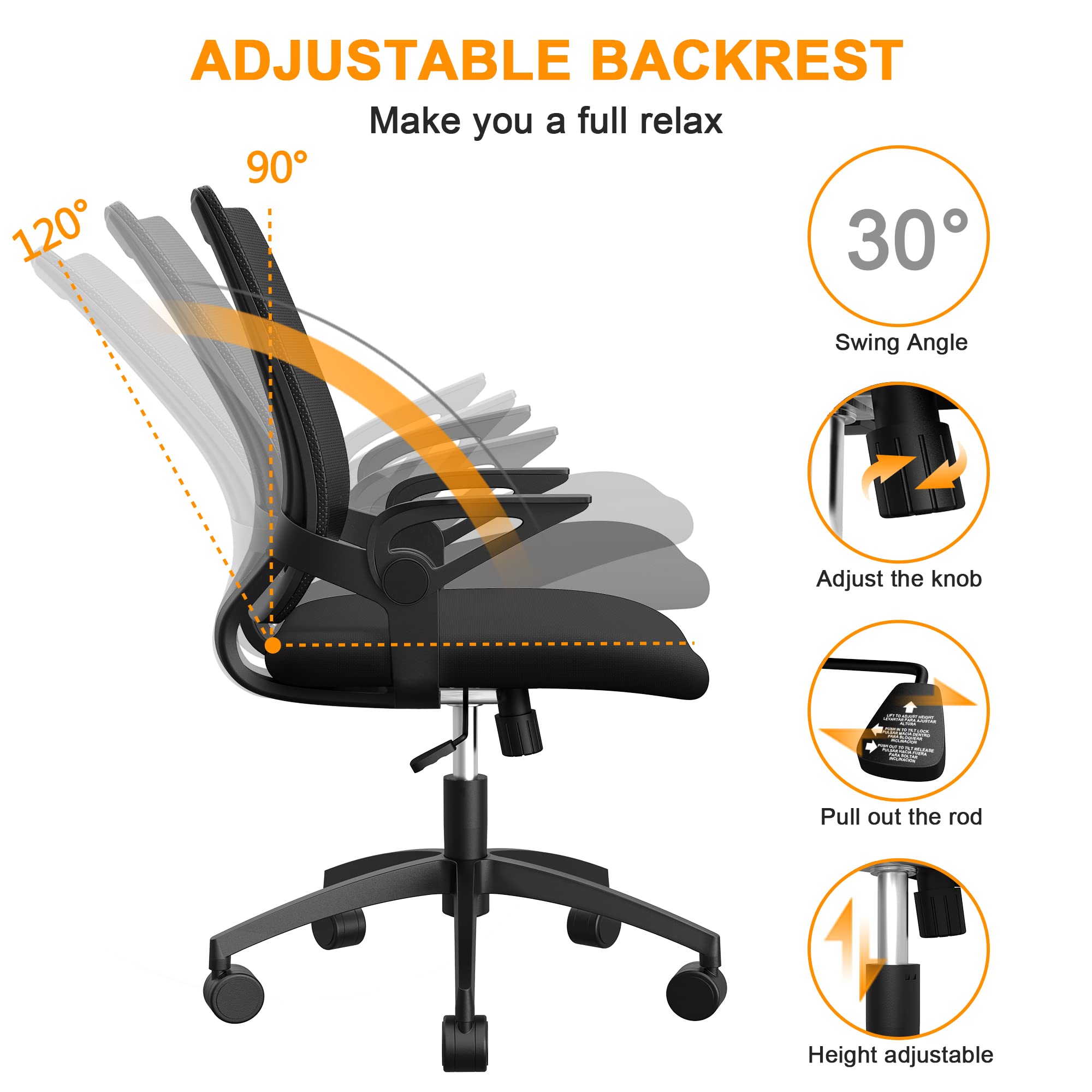 Office Chair, Ergonomic Desk Chair,Mesh Mid Back Height Computer Chair with Adjustable Height and Flip-up Armrests,Backrest with Breathable Mesh