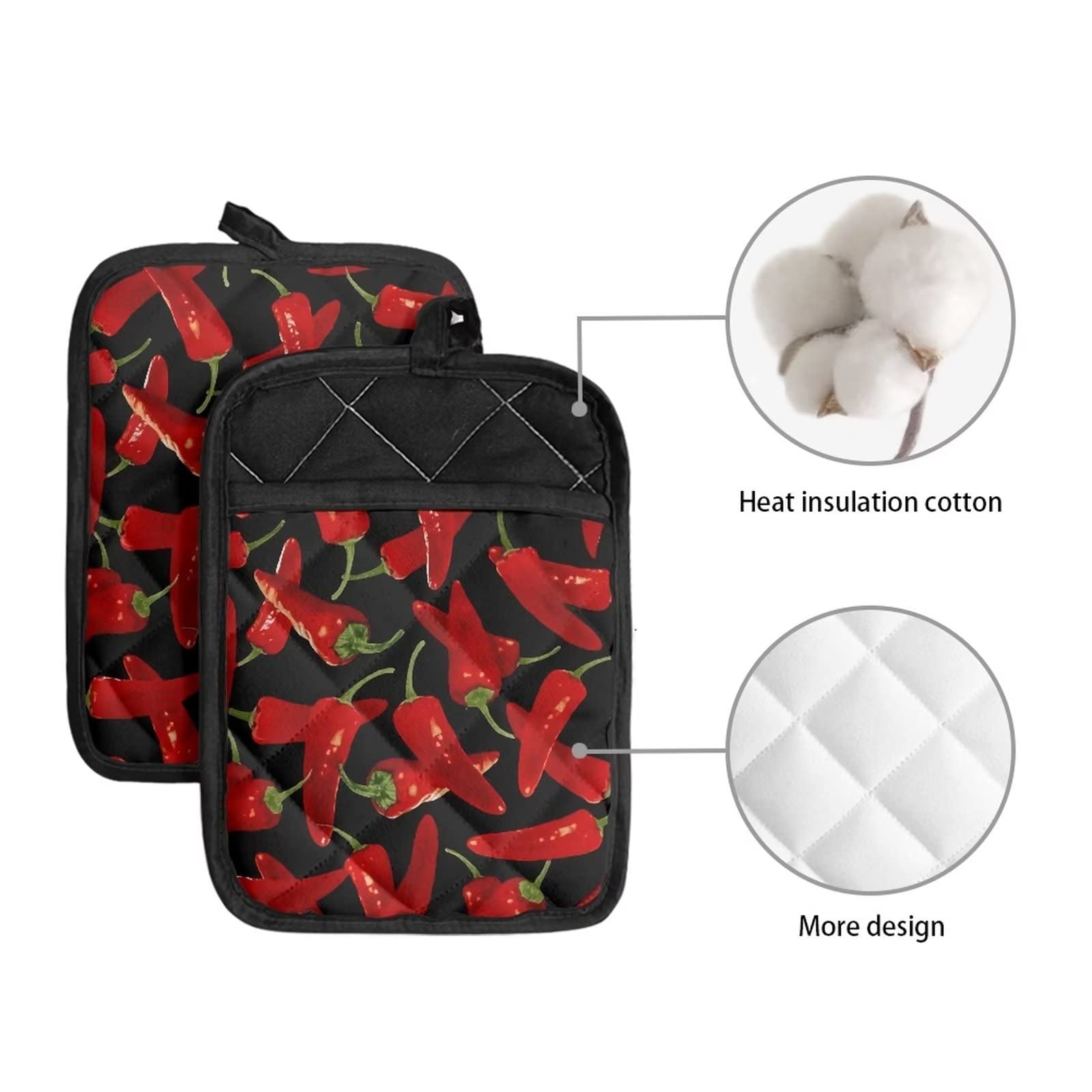 WELLFLYHOM Red Chili Hot Pads for Kitchen Set of 2 Pot Holders with Pocket Pepper Graphic Cotton Potholders Women Men Cooking Baking Microwave Machine Washable Oven Mitts