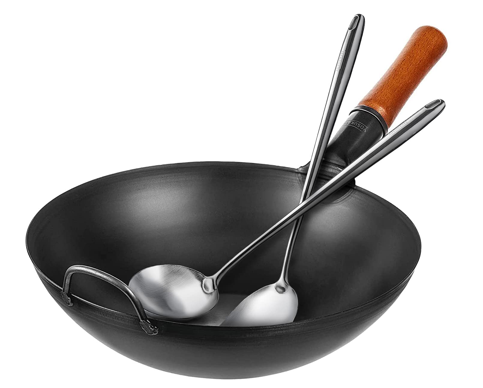 YOSUKATA Carbon Steel Wok Pan – 13,5 “ Woks and Stir Fry Pans 17’’ Wok Spatula and Ladle