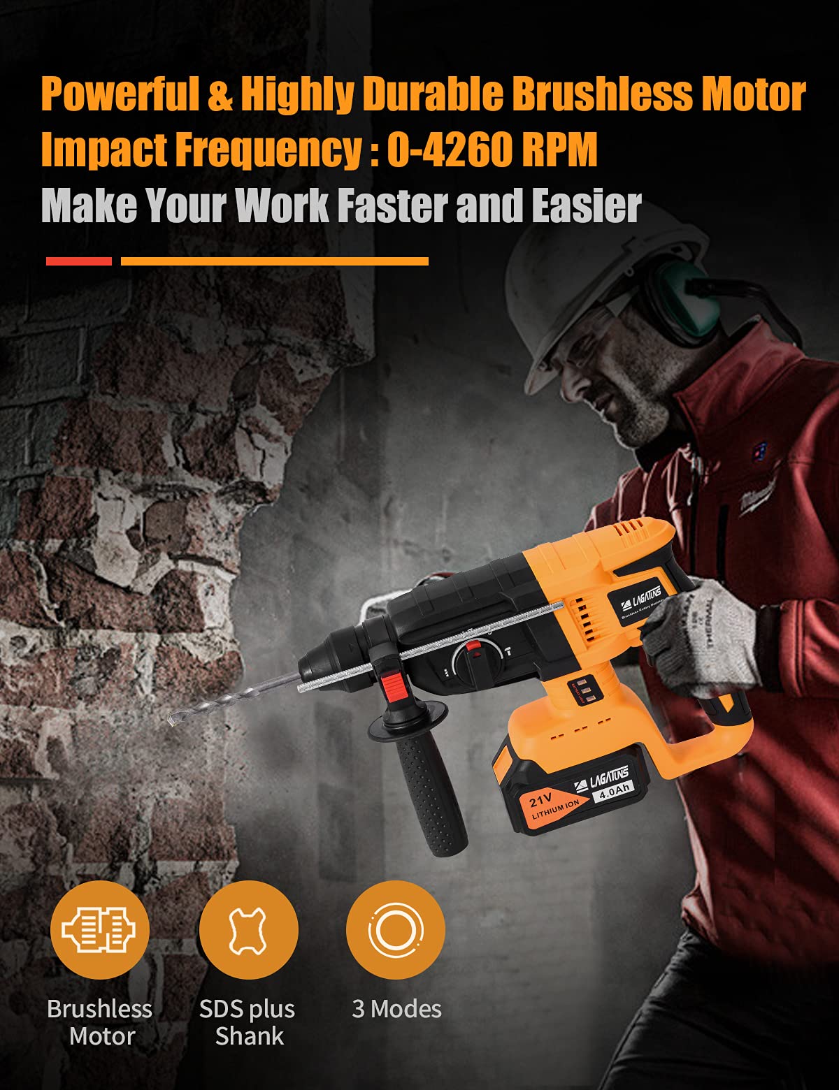 Rotary Hammer Drill ,3-in-1 Mode Brushless Impact Drill with Safety Clutch,with 21V 4.0Ah 2000mA Battery, SDS-Plus 1/2 inch