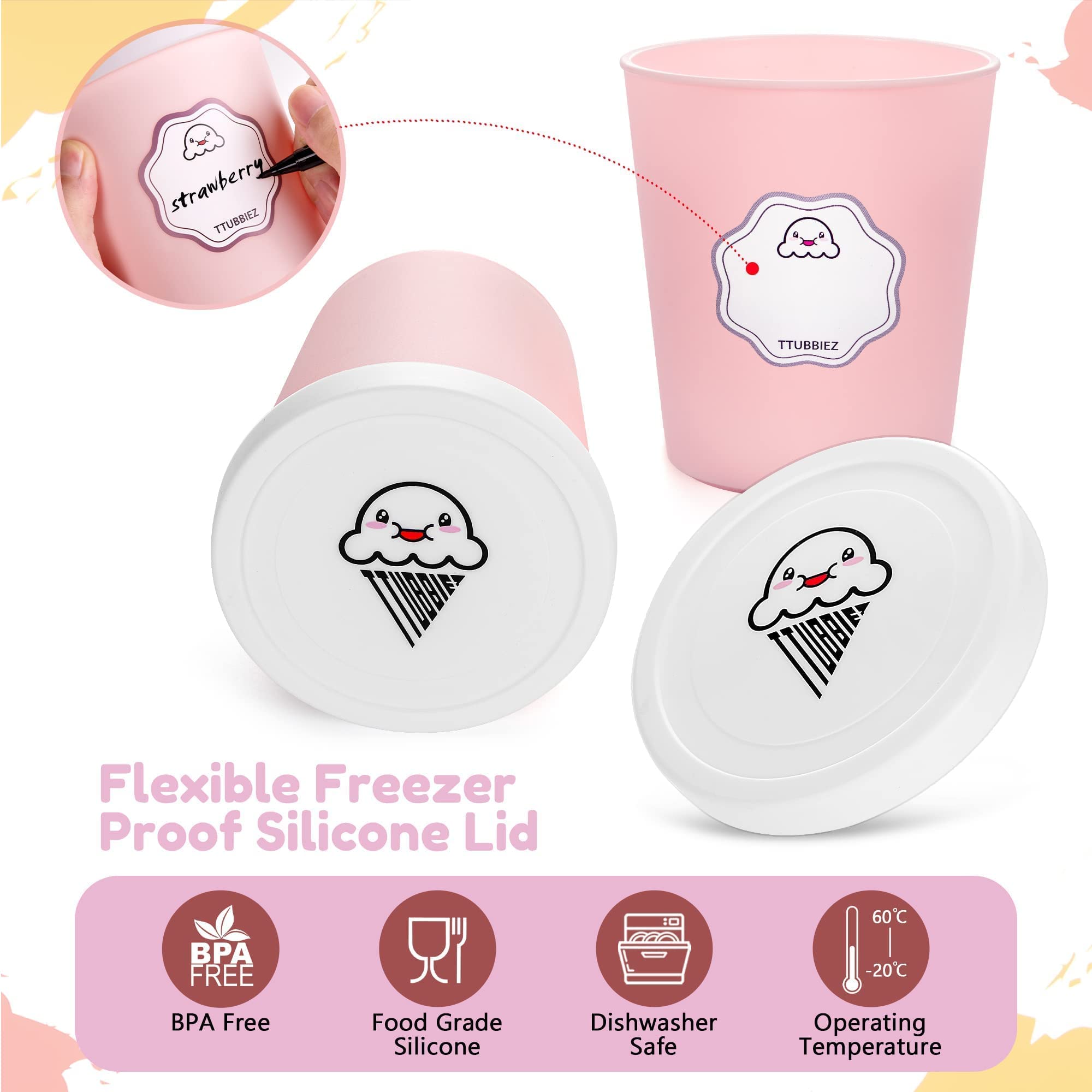 TTUBBIEZ Ice Cream Containers (2 Pack - 1 Quart Each), Ice Cream Containers for Homemade Ice Cream, Ice Cream Storage Containers for Freezer, 1 Quart Freezer Containers for Ice Cream Storage - Pink