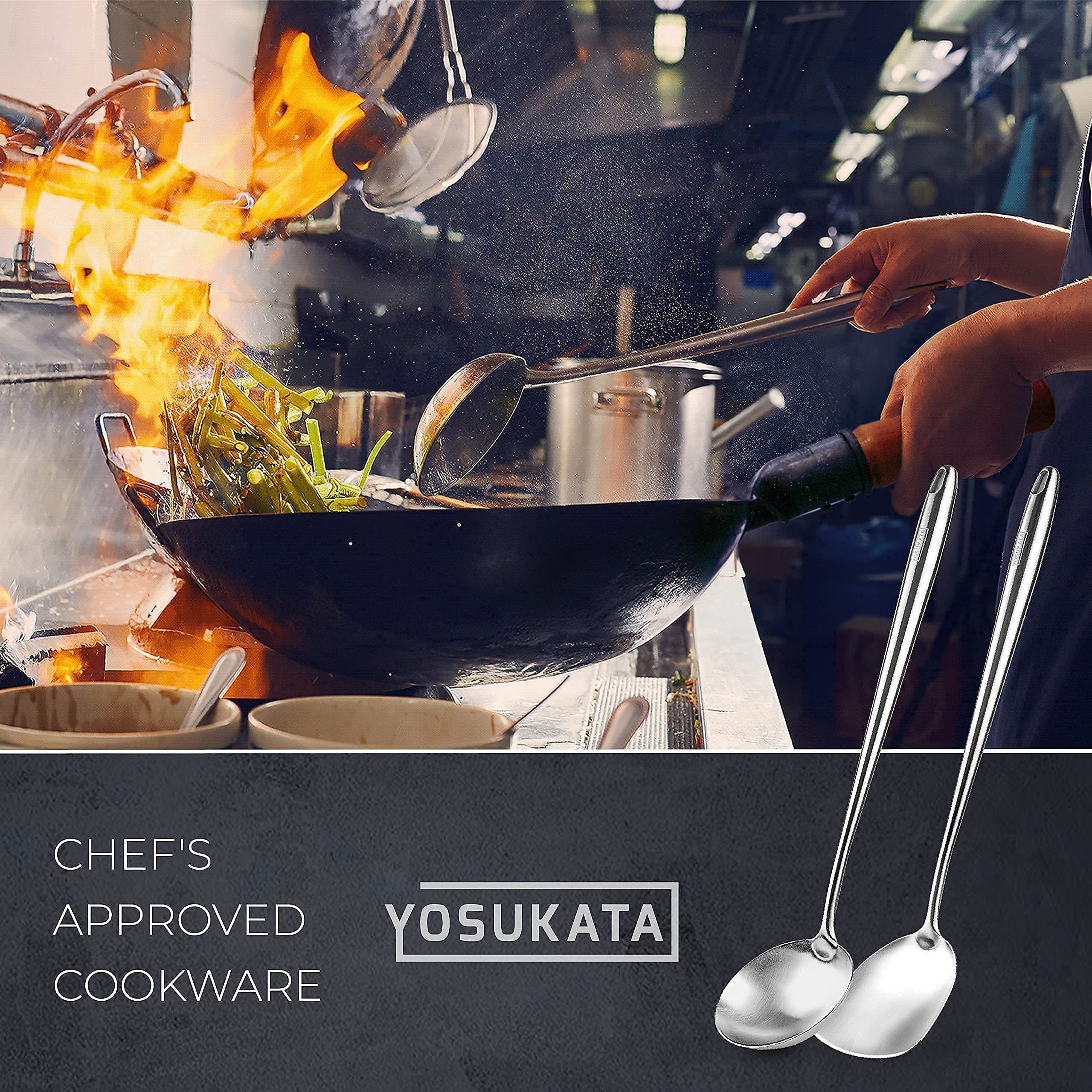 YOSUKATA Carbon Steel Wok Pan 14 17ββ Wok Spatula and Ladle - Set of 2 Heat-Resistant Wok Tools
