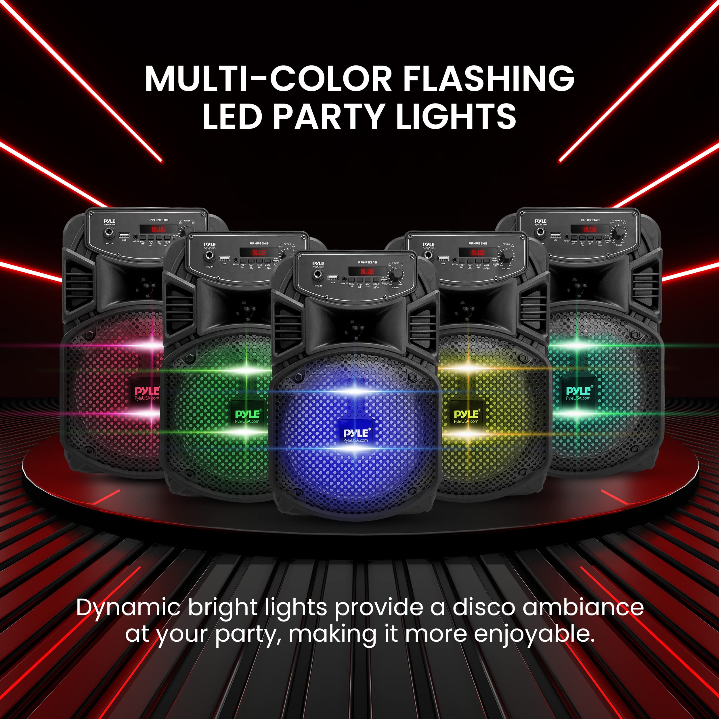 Pyle Portable Bluetooth PA Speaker System-300W Rechargeable Indoor/Outdoor Bluetooth Speaker Portable System w/ 8β Subwoofer 1β Tweeter, Microphone in, Party Lights, MP3/USB, Radio, Remote PPHP834B