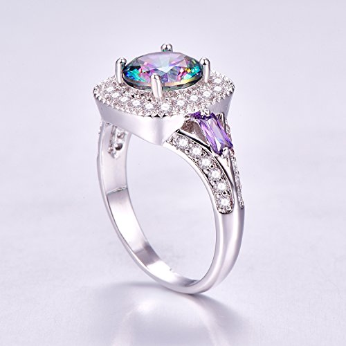 Psiroy 925 Sterling Silver Plated Round Simulated Rainbow Topaz Halo Anniversary Ring for Women Size 8