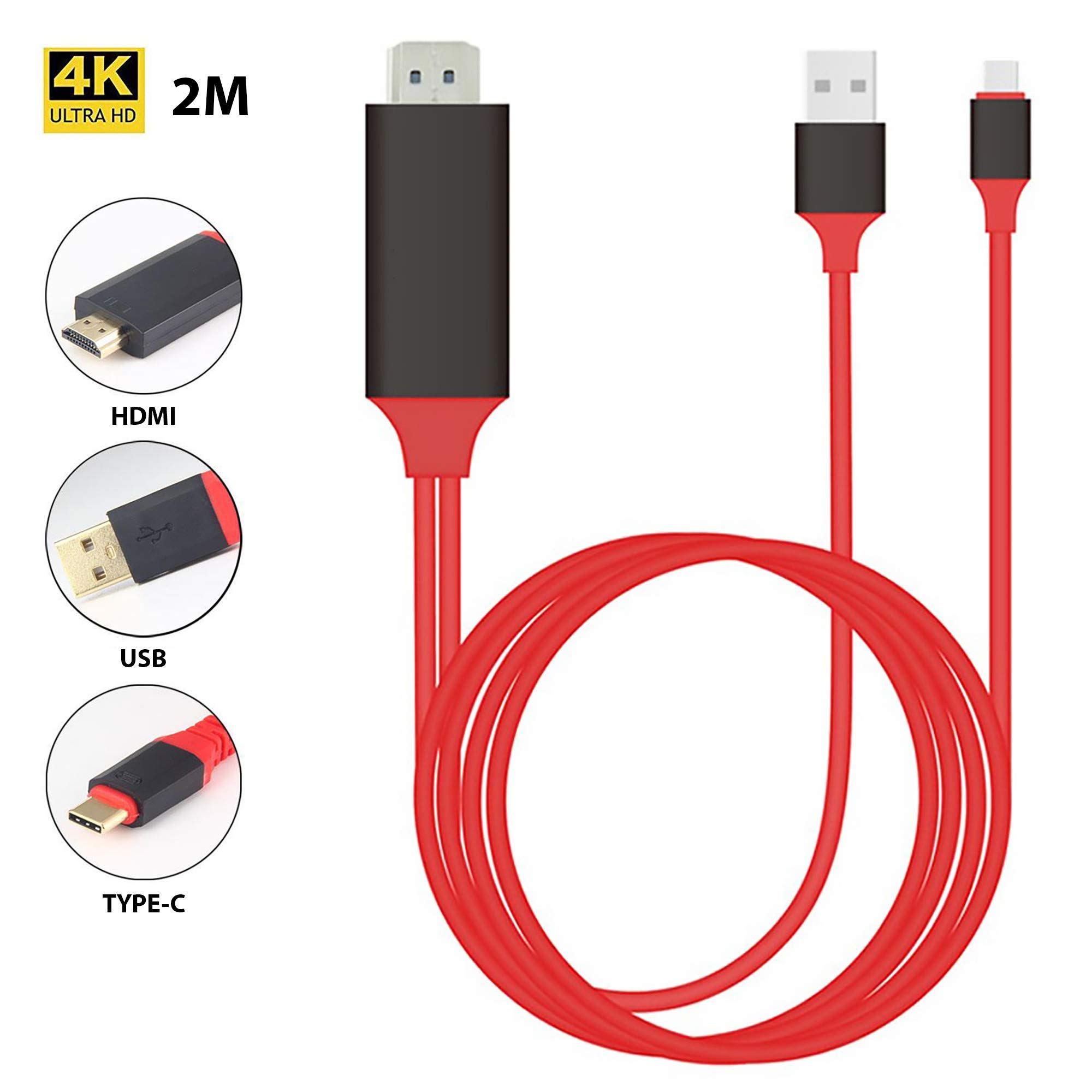 Tek Styz Powered USB-C 4k HDMI Cable Compatible with Motorola One Action Plus USB Charging at Max 2160p@60Hz, 6Ft/2M Cable [Red, Thunderbolt 3]