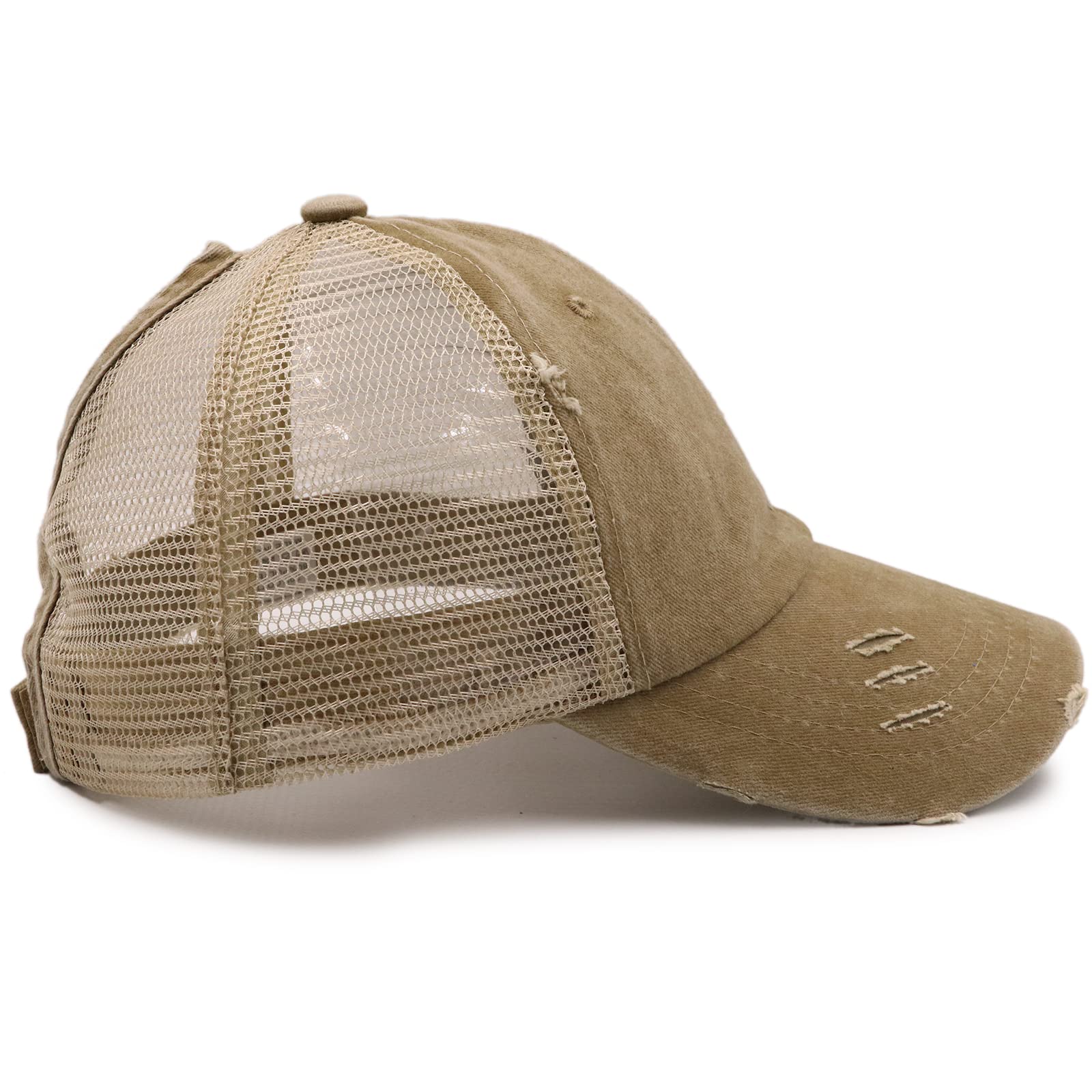ProMindFun Womens Ponytail High Messy Bun Hats Distressed Baseball Caps Unconstructed Washed Dad Hat Girls Trucker Ponycaps (03-Light Khaki)