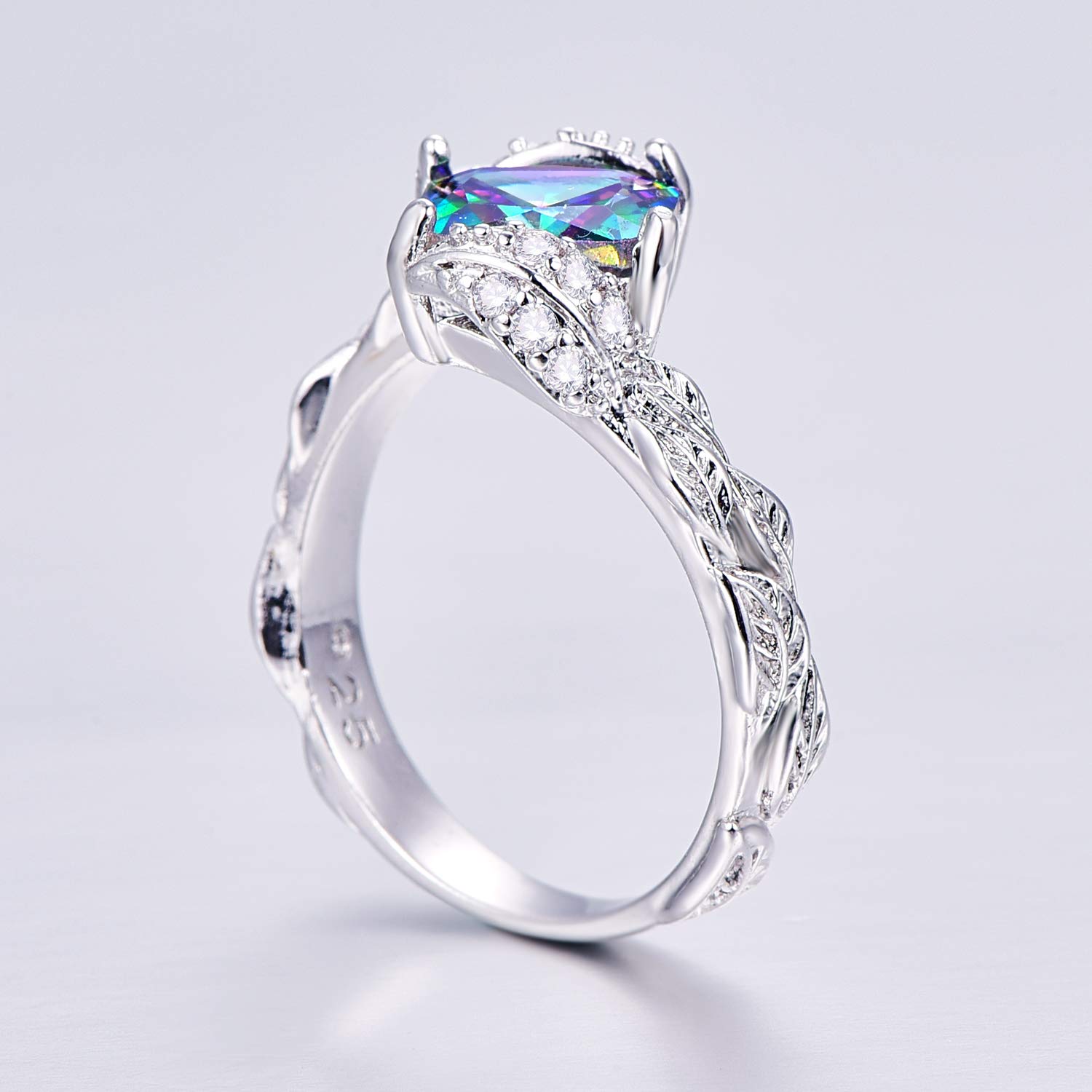 Psiroy 925 Sterling Silver Plated Created Rainbow Topaz Filled Leaf Bypass Band Princess Cut Engagement Ring for Women Size 8