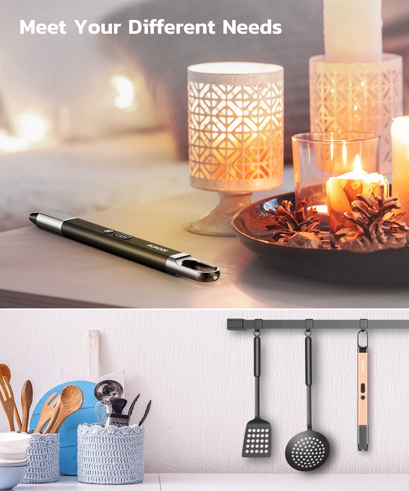 RONXS Electric Lighter, Candle Lighter with Safety Lock Windproof Flamless Arc Rechargeable Long Lighter with Battery Indicator (Black&Champagne 2pcs)