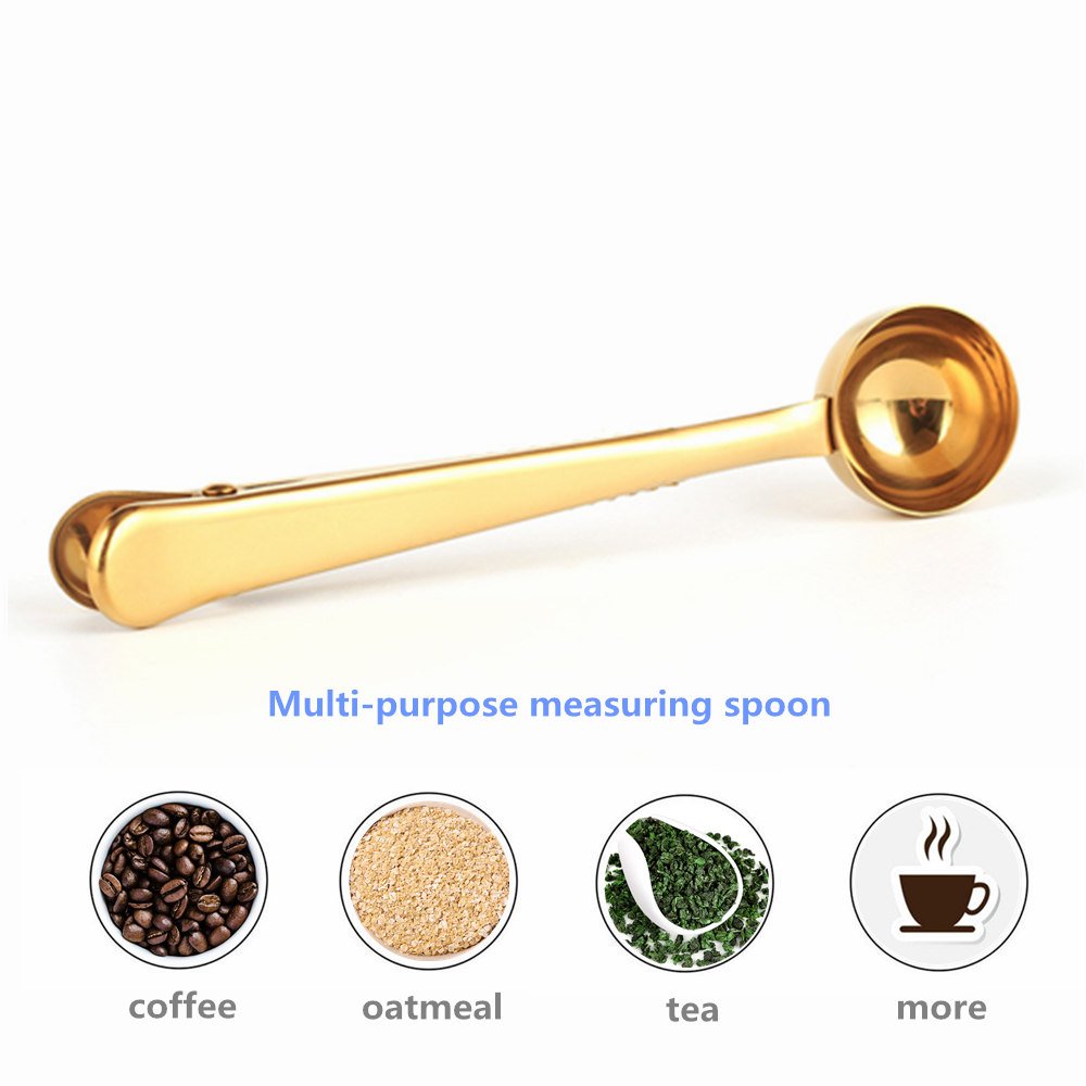 Voice on growth Coffee Scoop, Stainless Steel Golden Multi Function Coffee Measuring Spoon,Great Measuring Coffee, Tea,Protein Powder, Instant Drinks More - Perfect Coffee Spoon Bag Clip