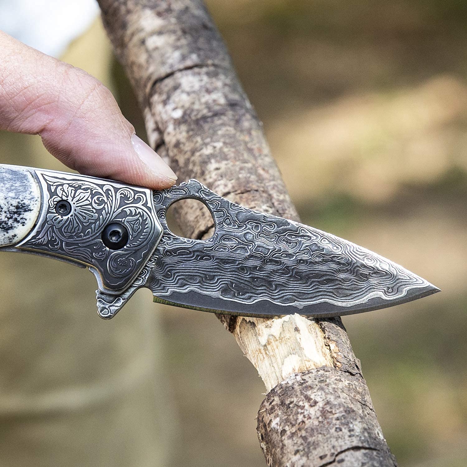 SPIRIT DEED EDC Pocket Knife for Men,2.5in Japanese Handmade VG0 Damascus Steel,Bone Handle,Liner Lock,Leather Sheath,Folding Knives for Camping and Hunting