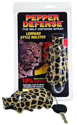 Pepper Defense 1/2 oz. Pepper Spray with Grip Holster and Keychain Attachment - Safety Twist Lock Glow Trigger - Maximum Strength 10% OC Formula - Self Defense Personal Protection (Leopard 2-Pack)