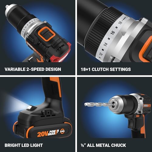 Worx Nitro 20V Cordless 1/2" Drill Driver with Brushless Motor, Compact & Lightweight Drill Set Only 6" and 3 lbs., Cordless Drill Power Share Compatible WX130L β Batteries & Charger Included