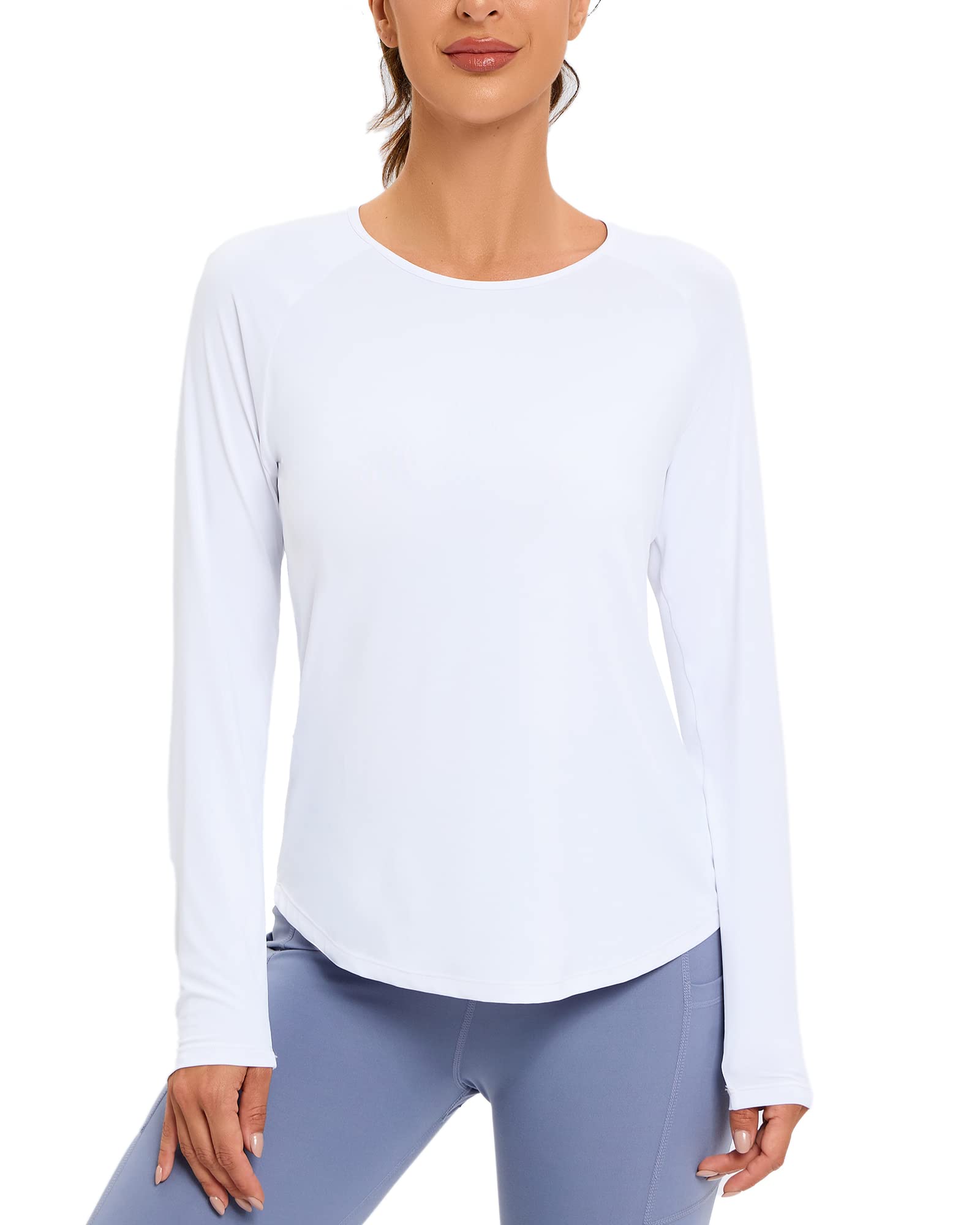 Promover Women's UPF 50+ Long Sleeve UV Workout Shirts Quick Dry Lightweight Hiking Tops Sun Shirts Rashguard(White,S)