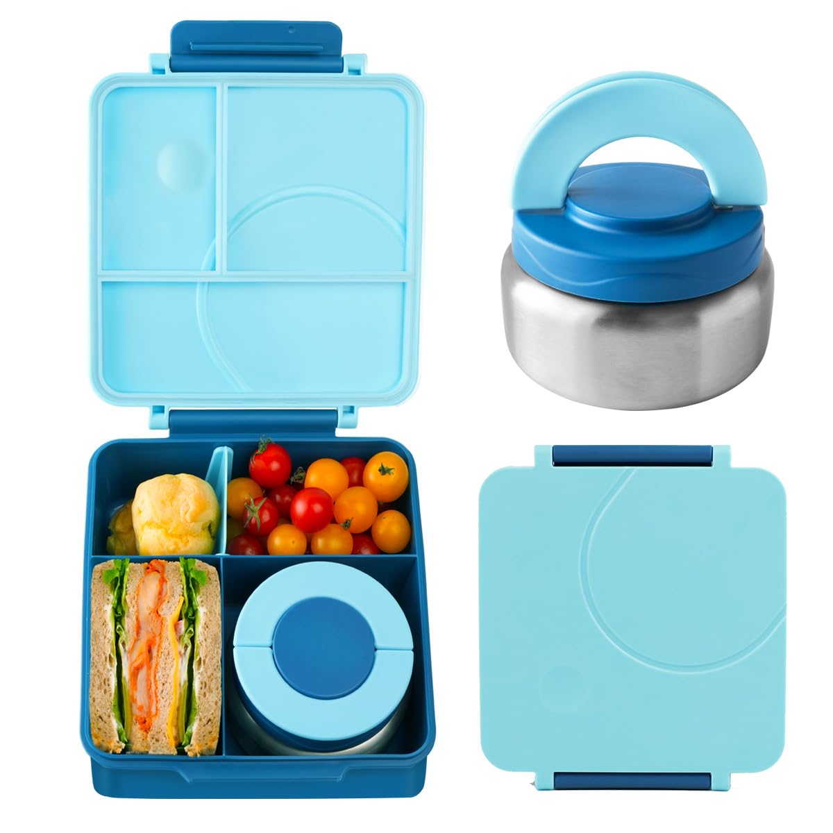 SKIEXOAD Bento box for kids - Insulated Lunch Box with 8oz thermos Food Jar ,Leak-proof Lunch Containers with 4-compartment BPA free and microwave-safe Gifts for kids (blue