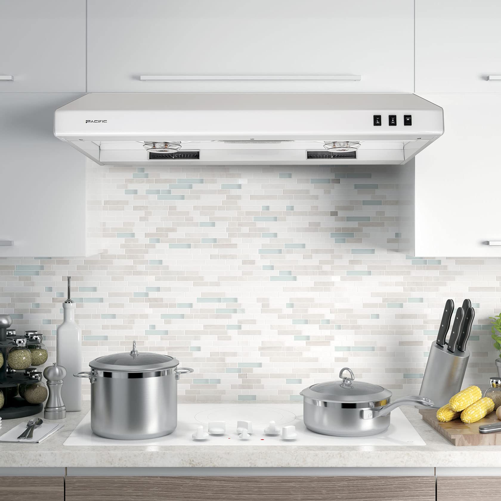 Pacific Economy Under Cabinet Ducted Range Hood 30 inch - CFM550 Powerful 2-Speed Wall Mount Kitchen Vent Hood - Electric Hood with Lighths, Filterless, White PR1230BW
