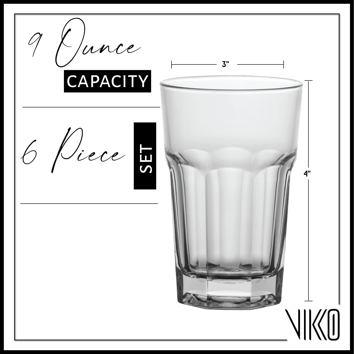 Vikko Drinking Glasses, Set of 6 Juice Glasses 9 Oz, Thick and Sturdy Kitchen Glasses, Dishwasher Safe Highball Glass Tumbler, Heavy Duty Cups, Water Glasses