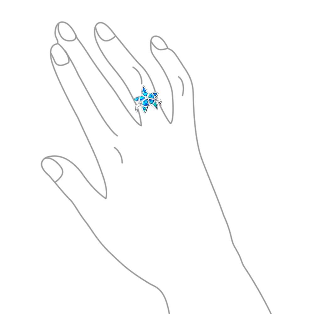 Personalized Nautical Tropical Blue Created Opal Inlay Starfish Ring For Women .925 Sterling Silver Custom Engraved