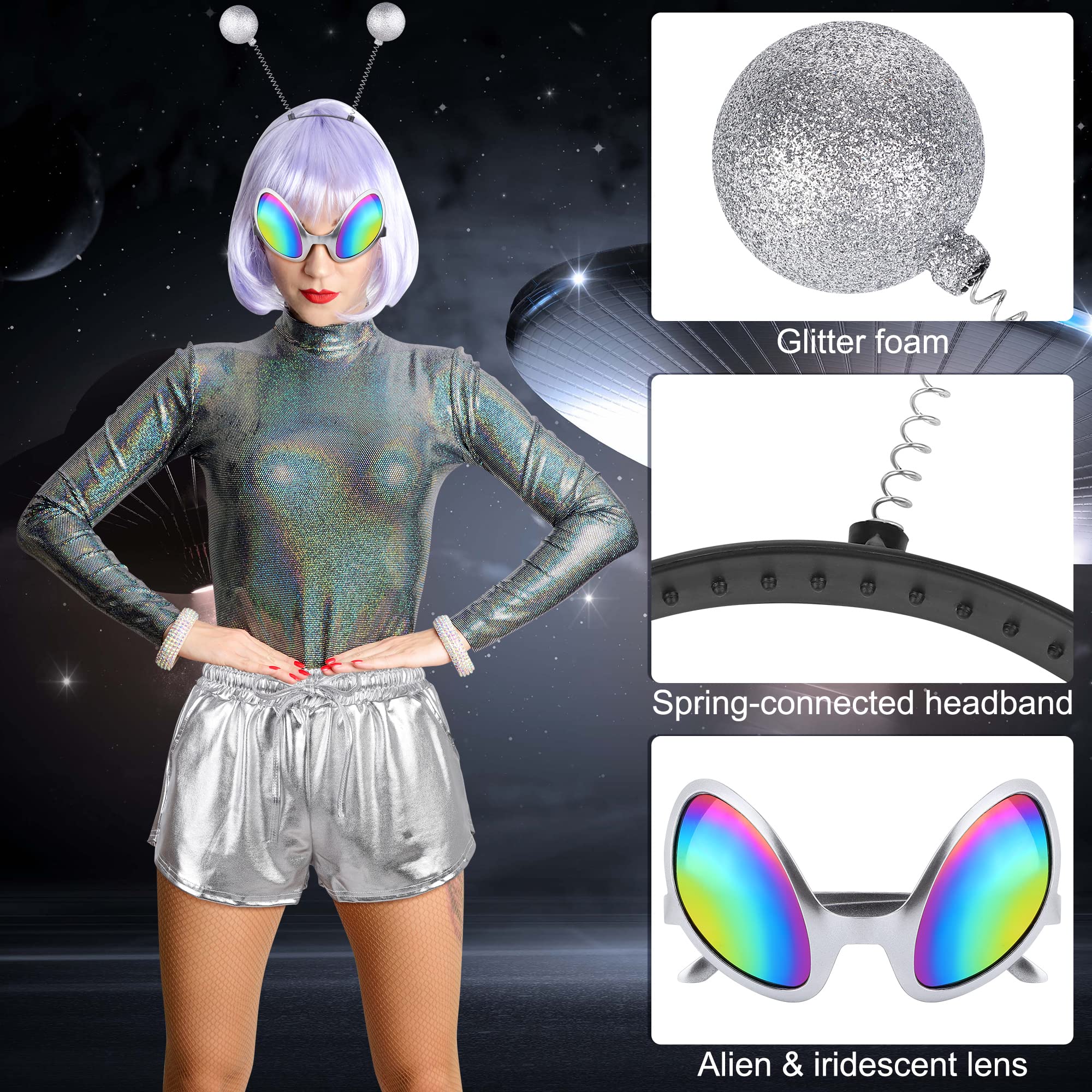 SOMSOC 2 Pack Halloween Women's Metallic Drawstring Shorts Hot Shiny Sparkly Rave Yoga Pants with Alien Headband Glasses