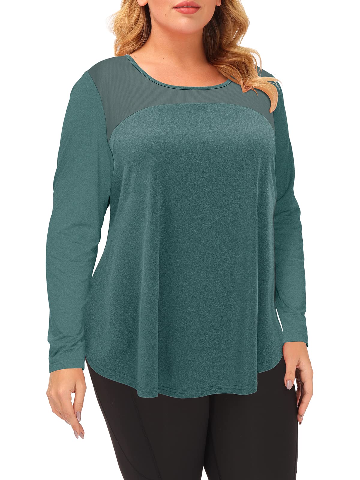 Uoohal Women's Plus Size Long Sleeve Workout Shirts Mesh Quick Dry Side Split Athetic Yoga Gym Tops Blackish Green 4X