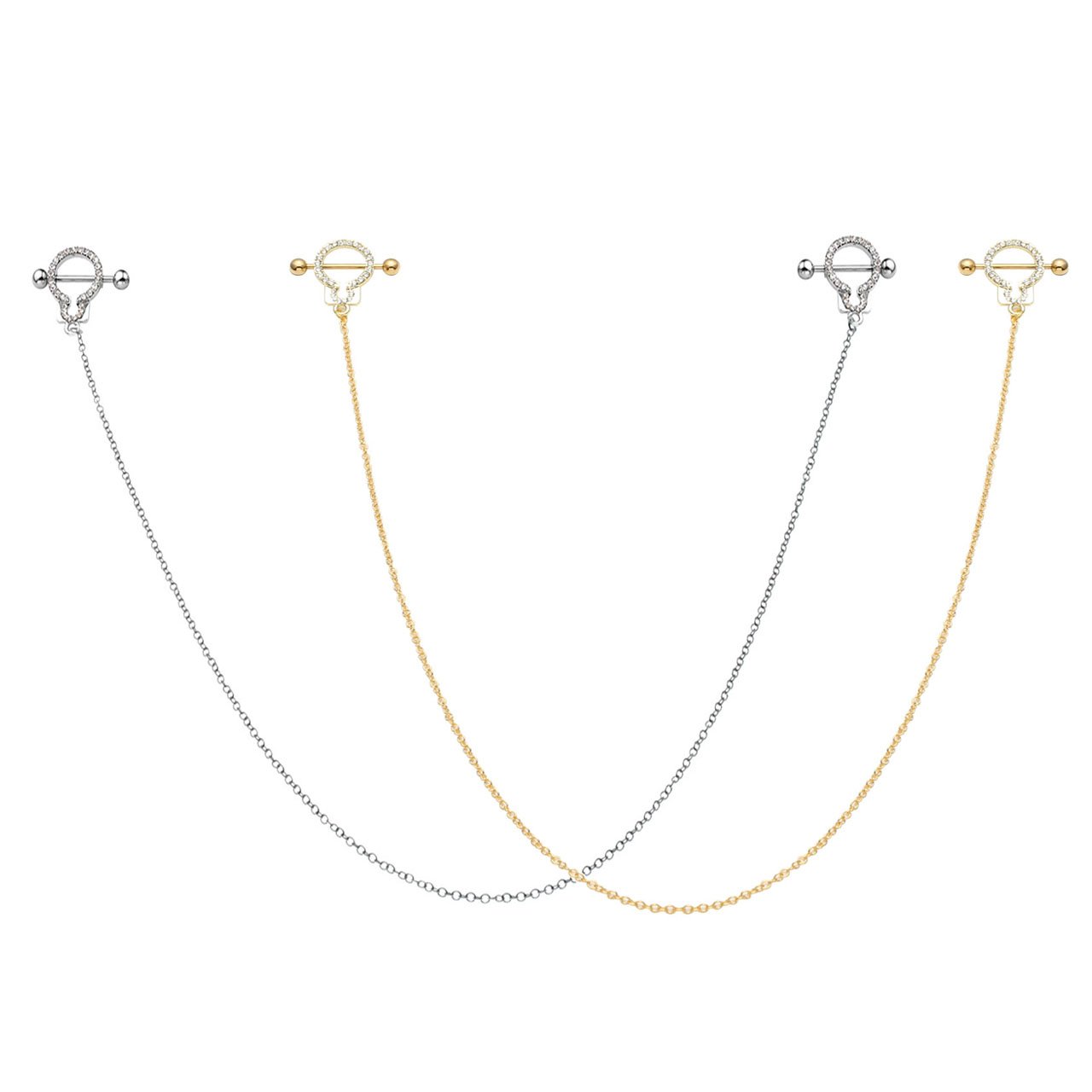 PiercingJ 2-10pcs 14G Stainless Steel Nipple Rings Nipple Shield Ring Chain Nipplerigns Ball Piercing Barbells Slivery Golden Tone