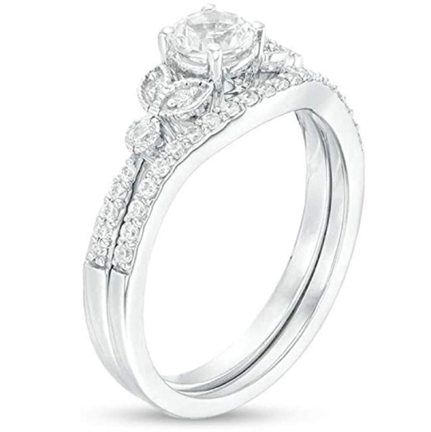 Round Cut 1/6 CT Simulated Diamond Leaf-Sides Vintage-Style Bridal Engagement Wedding Ring Set For Womens In 925 Sterling Silver