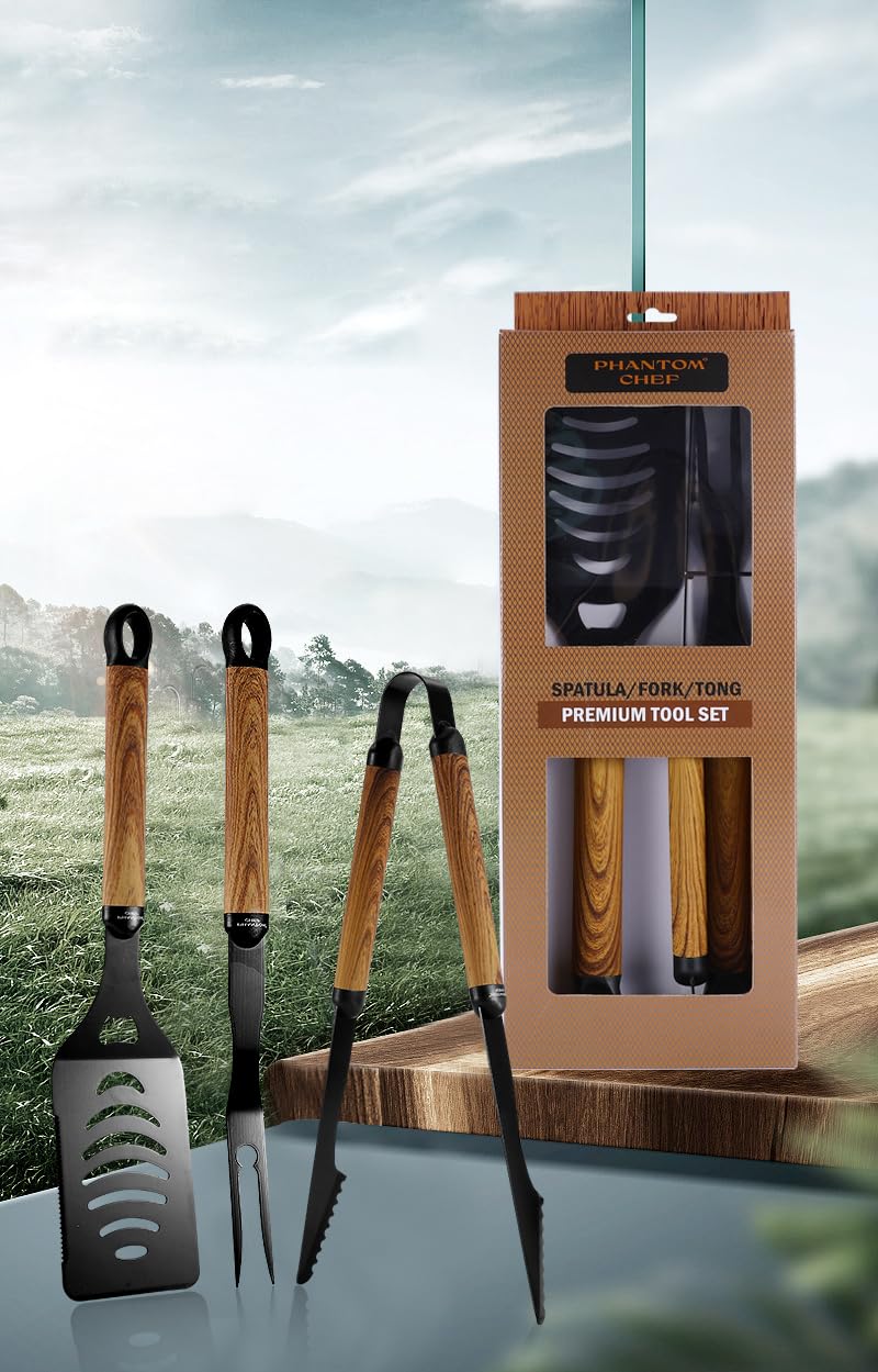Phantom Chef BBQ Tool Set | Grill Accessories for BBQ | Stainless Steel Grilling Utensils | Indoor & Outdoor Fork, Spatula, Locking Tongs | Kitchen & Camping Griddle Tool | Easy to Clean | 3 Pieces