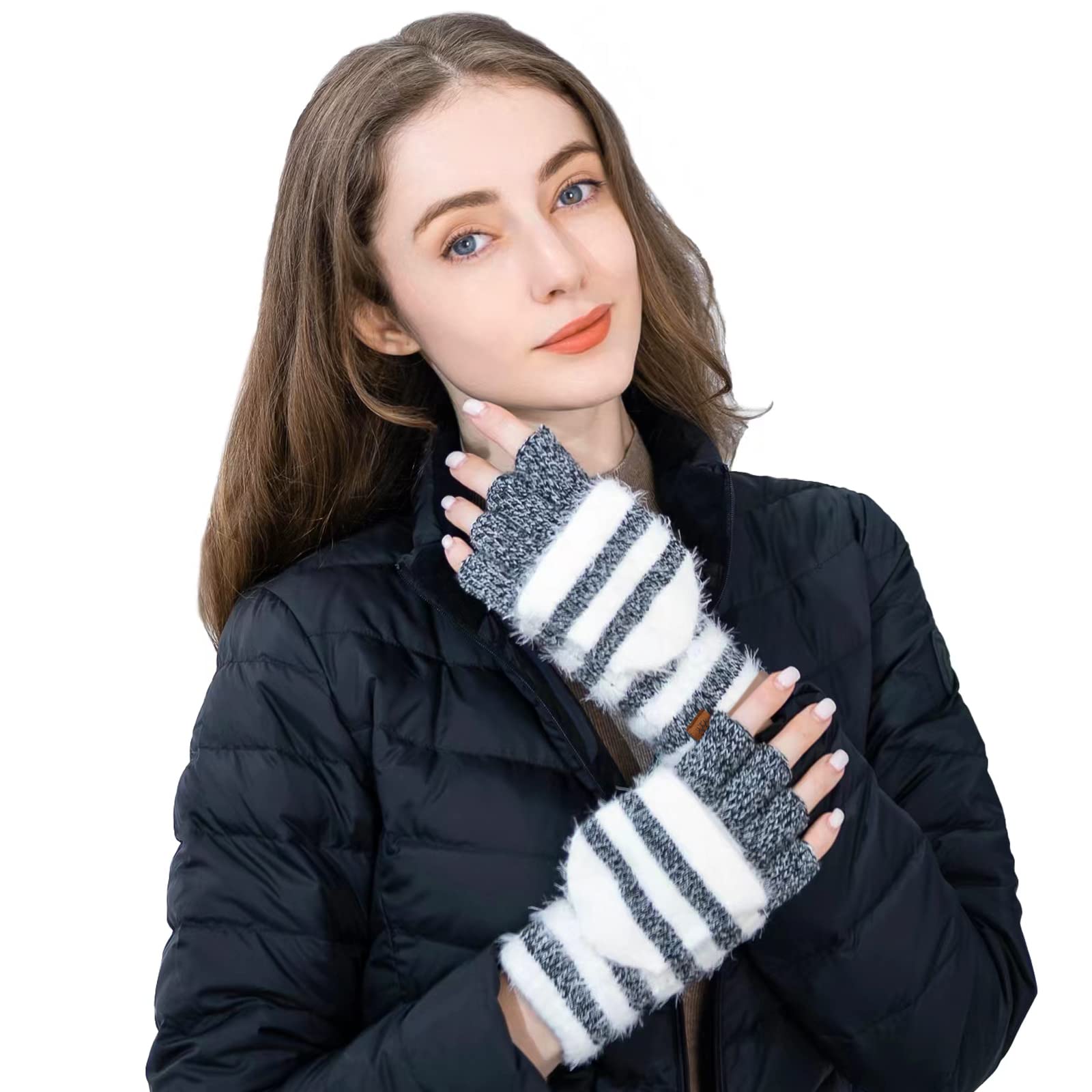 REACH STAR Winter Knitted Convertible Fingerless Gloves Warm Mitten Glove for Women Half Finger Flip Top Thermal Texting(Black)