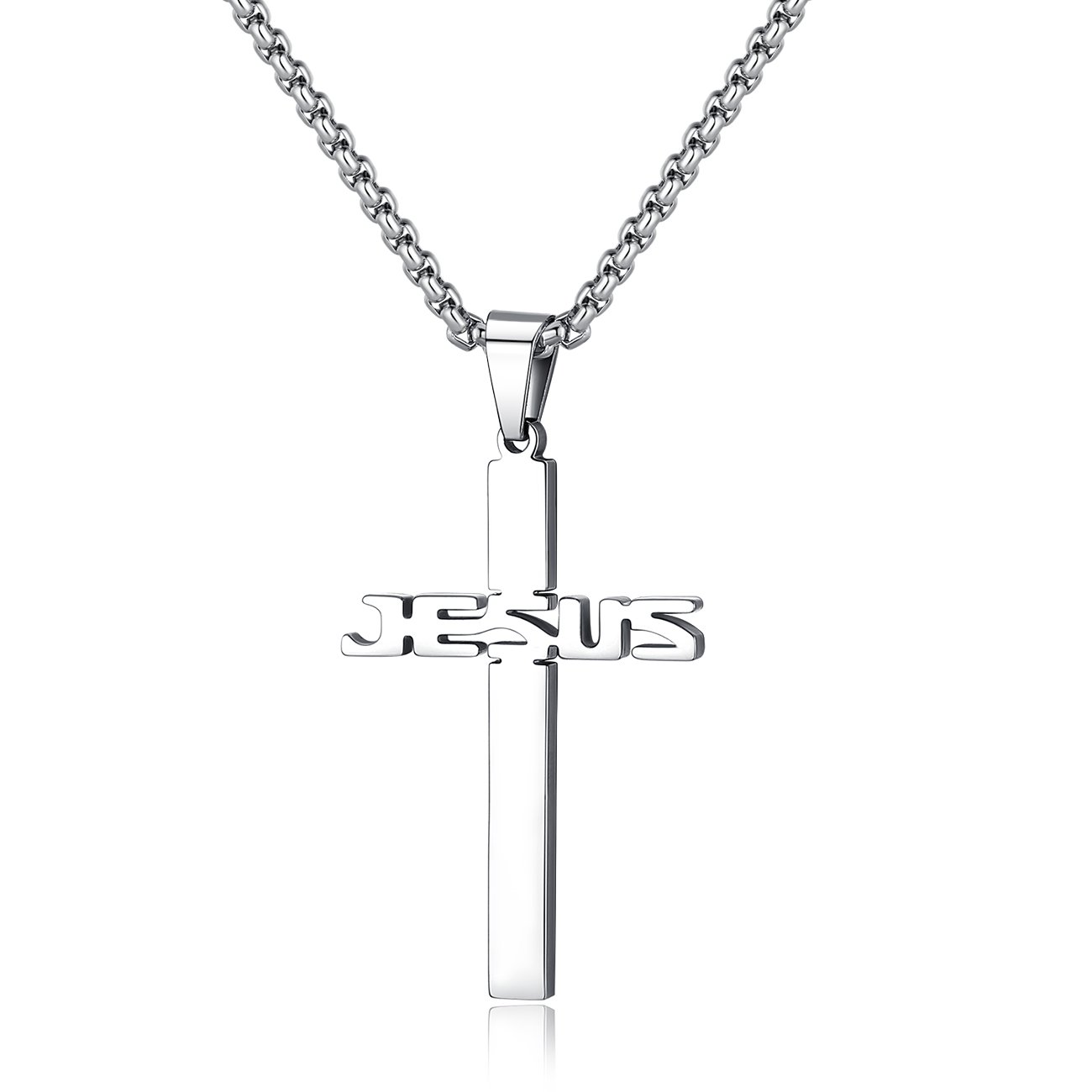 REVEMCN Stainless Steel Jesus Cross Pendant Necklace for Men Women 20-24 Inches Rolo Chain Christian Gifts for Men Faith